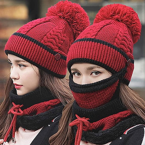 3 in 1 Winter Knitted Beanie Hat Face Neck Warmer Set for Women Girls ...