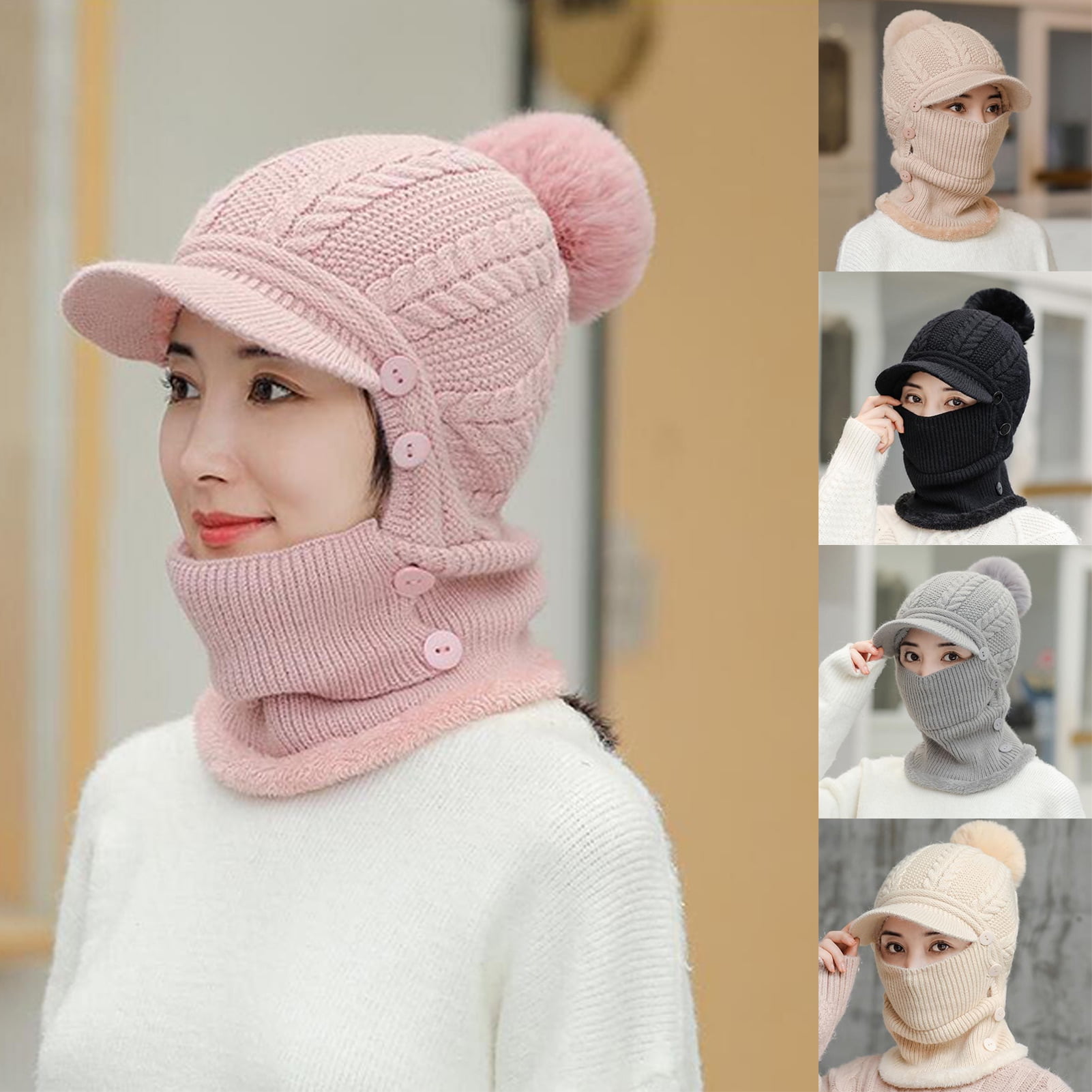 3 in 1 Winter Knitted Beanie Hat Face Neck Warmer Set for Women Girls ...