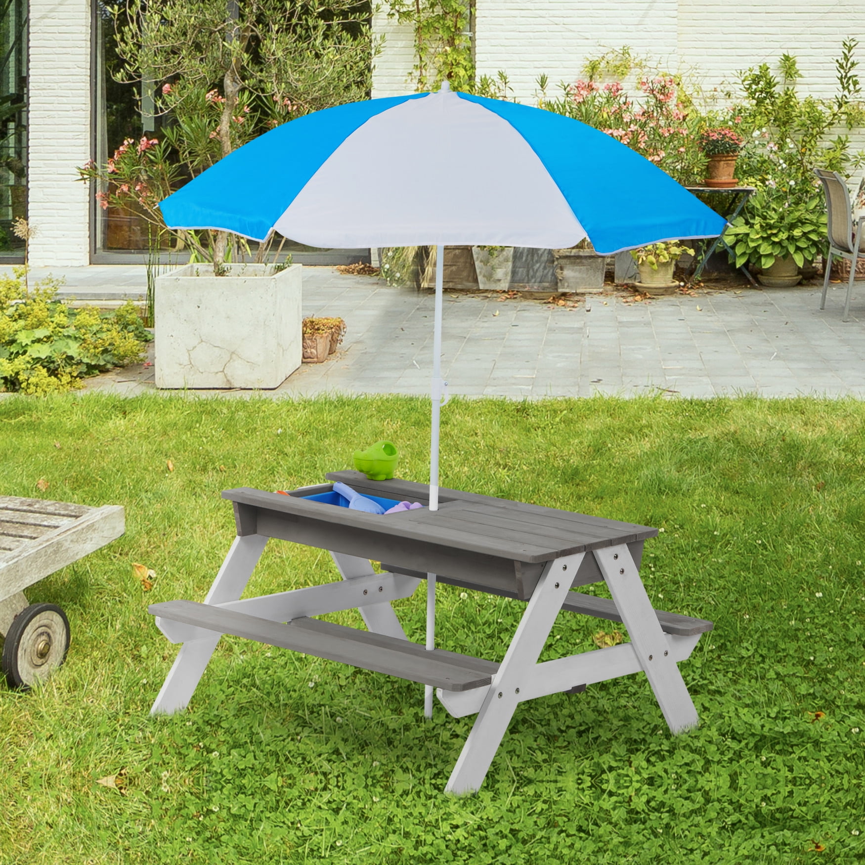 3-in-1 Wooden Kids Picnic Table with Adjustable Umbrella, Play Sand and ...
