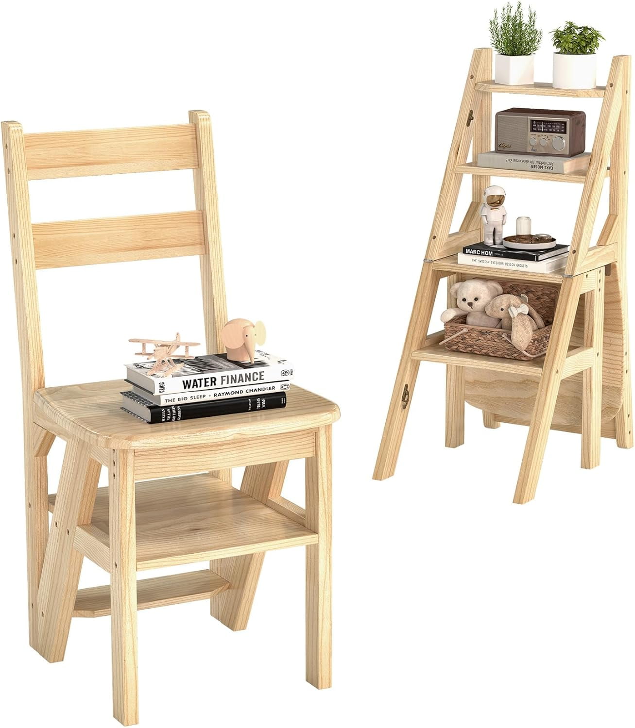 3-in-1 Wooden Library Ladder, 4 Tier Folding Ladder Chair, Convertible ...