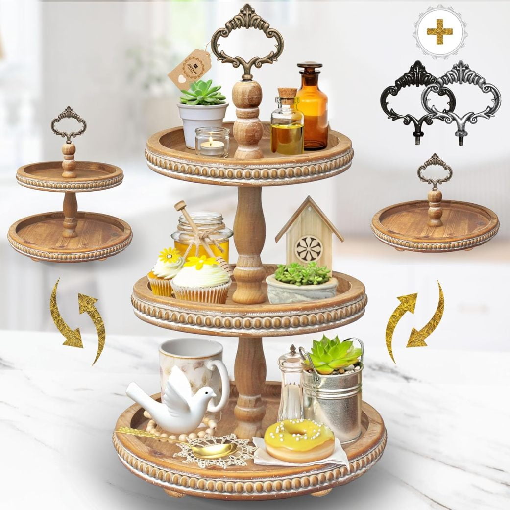 [3-in-1] Wooden Tiered Tray Stand - Beaded 3 Tiered Tray Decor Wood ...