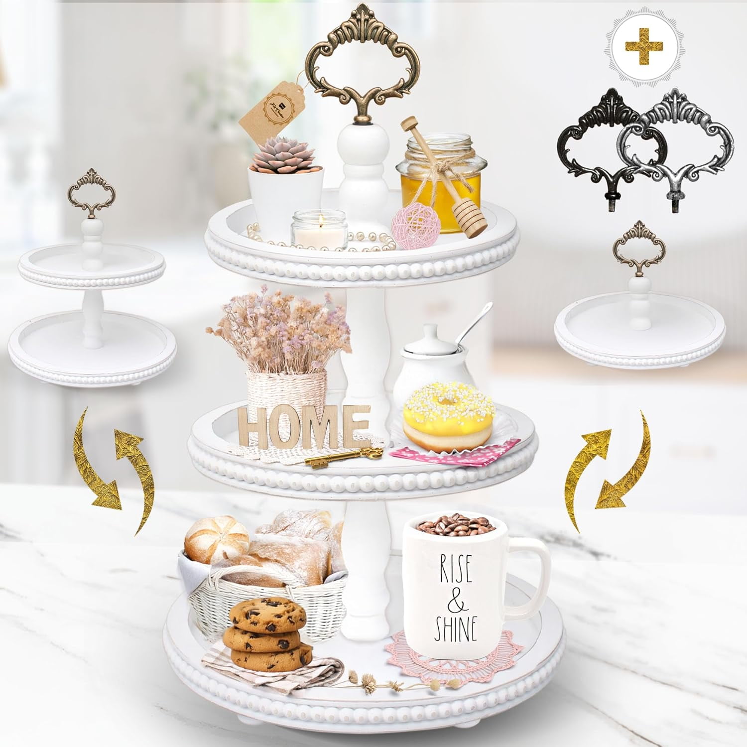 [3-in-1] Wooden Tiered Tray Stand - Beaded 3 Tiered Tray Decor Wood ...