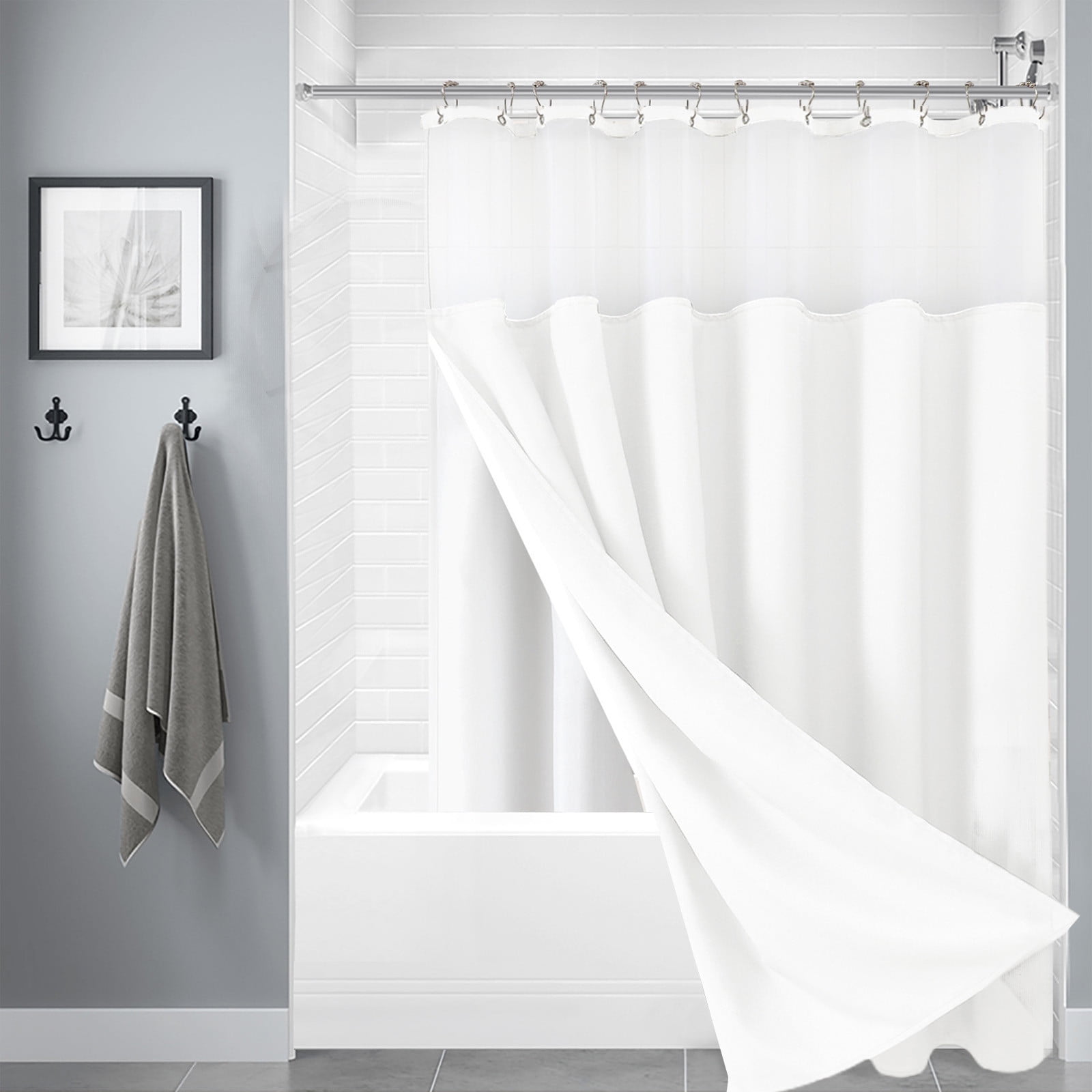3-in-1 Woven Polyester Shower Curtain Set with Clear Liner and 12 Metal ...