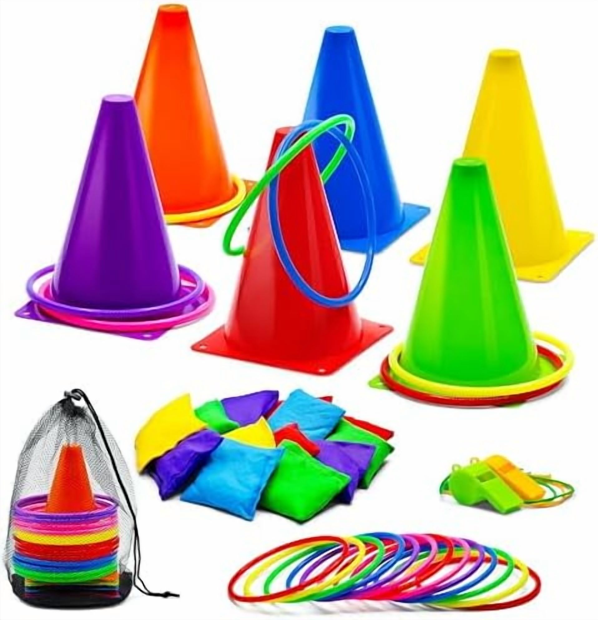 3-in-1 carnival game set. Ring toss, cornhole, cones, whistles; indoor ...
