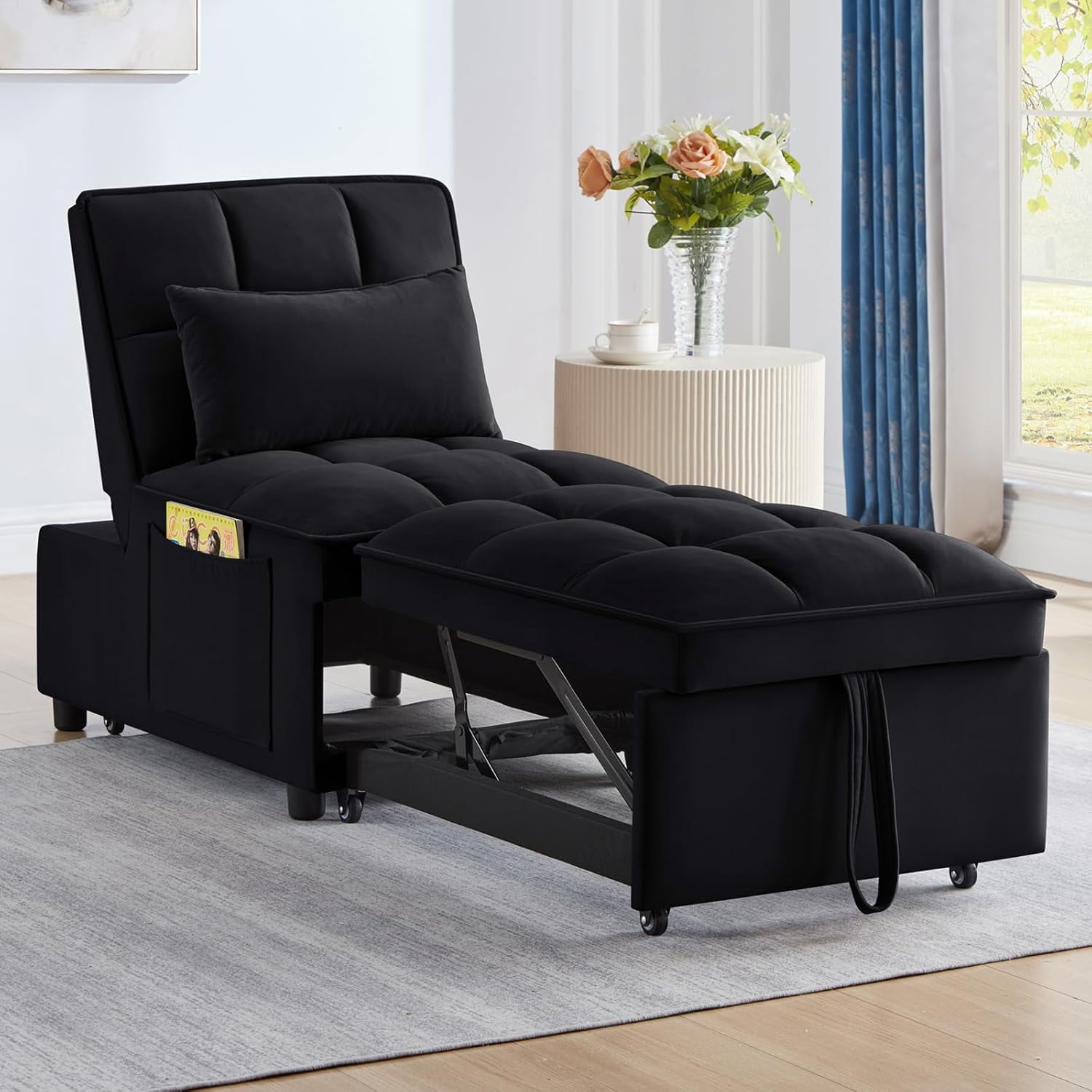 3 in1 Multi-Function Single Sofa Bed, Velvet Upholstered Sleeper Chair ...