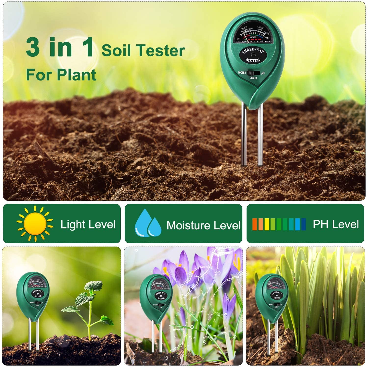 3 in1 Soil Tester Water PH Moisture Light Test Meter Kit For Garden ...