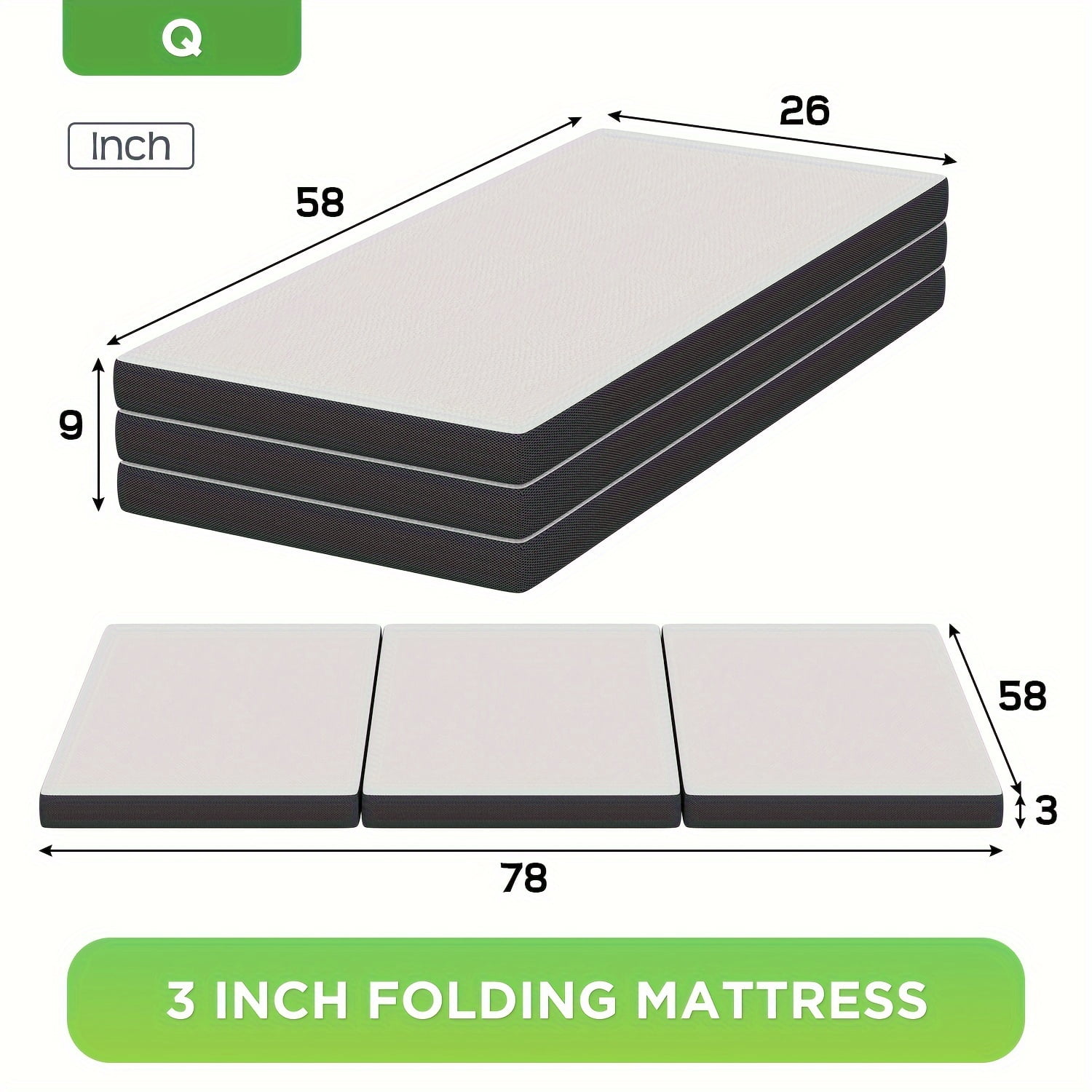 3 inch Folding Mattress Tri Fold Memory Foam Mattress Topper Portable ...