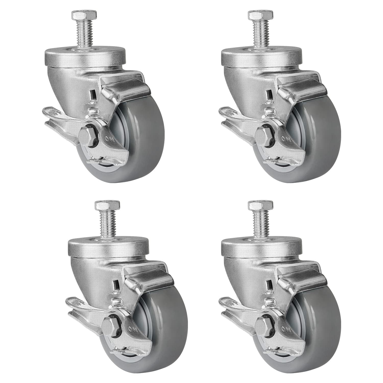 3 inch Threaded Stem Casters with Brake, Polyurethane Heavy Duty ...