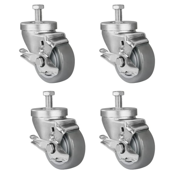 3 inch Threaded Stem Casters with Brake, Polyurethane Heavy Duty ...