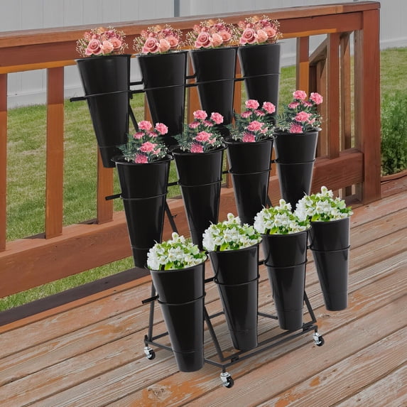 3-layer Bouquet Black/ White Display Rack&12 Black Round Buckets, Floor ...