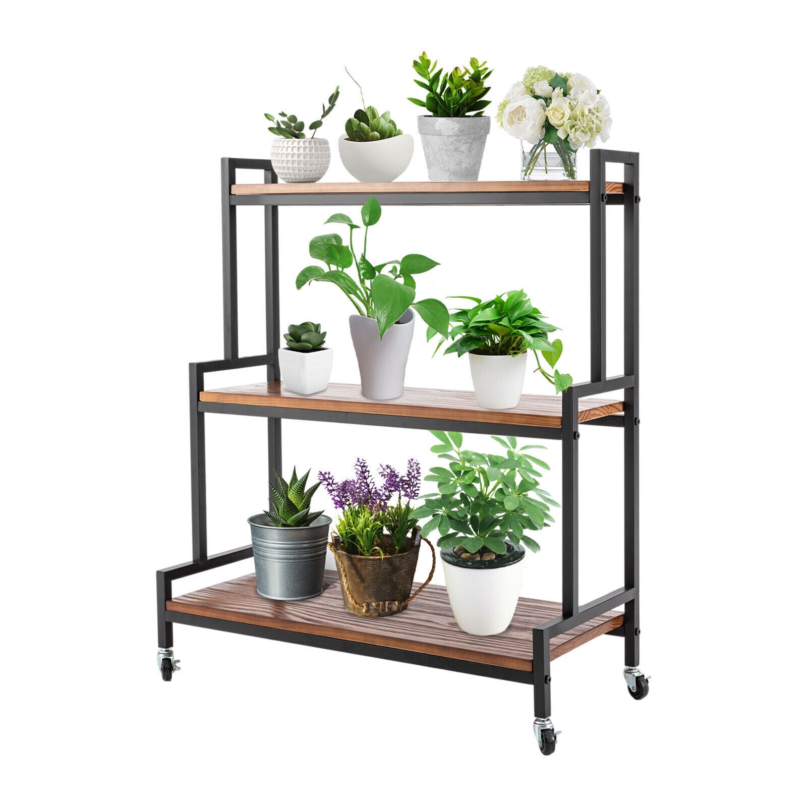 3-layer Rustic Plant Stand Rolling Plant Shelf Indoor Outdoor, Metal ...