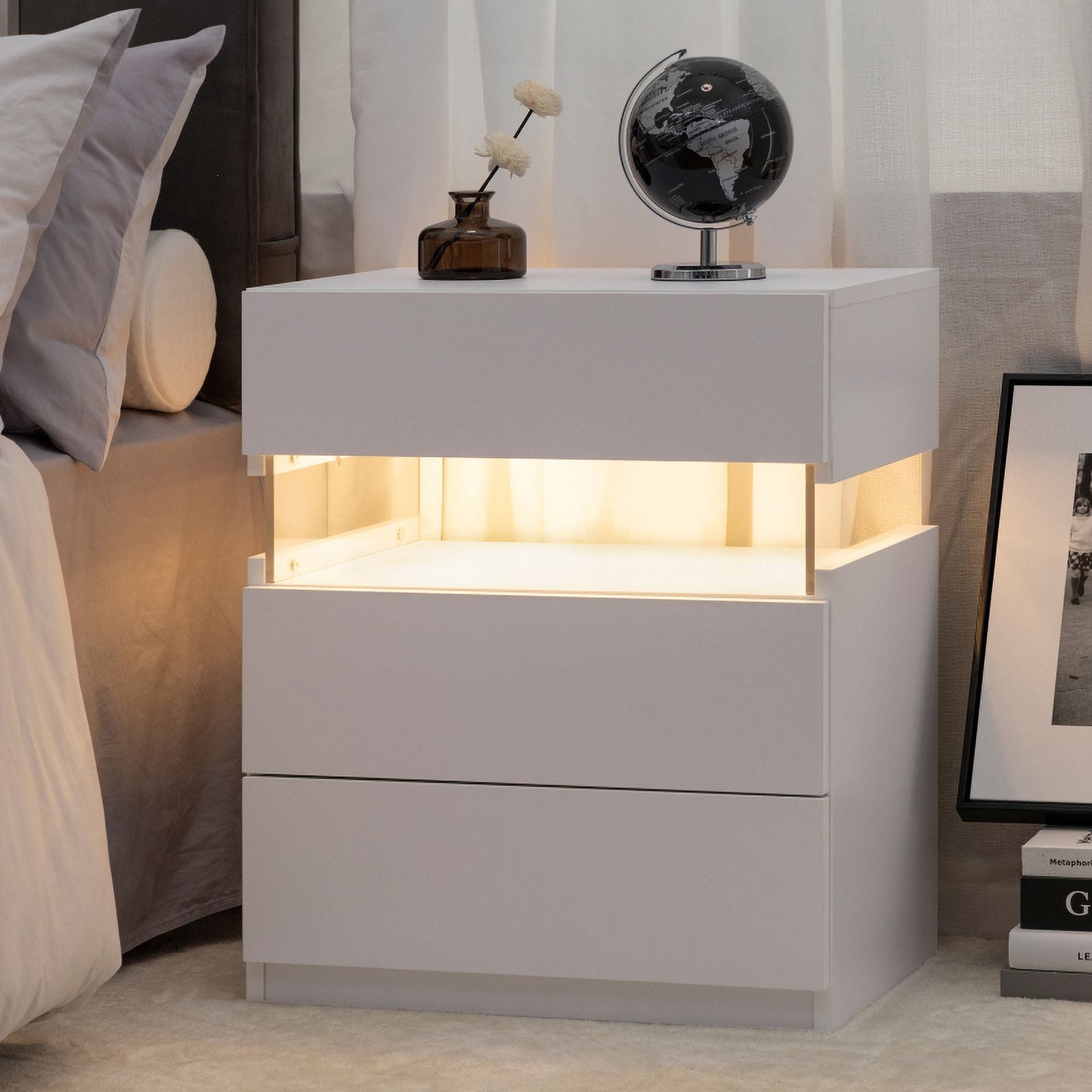 3-layer drawer bedside table with LED lighting strip, suitable for ...
