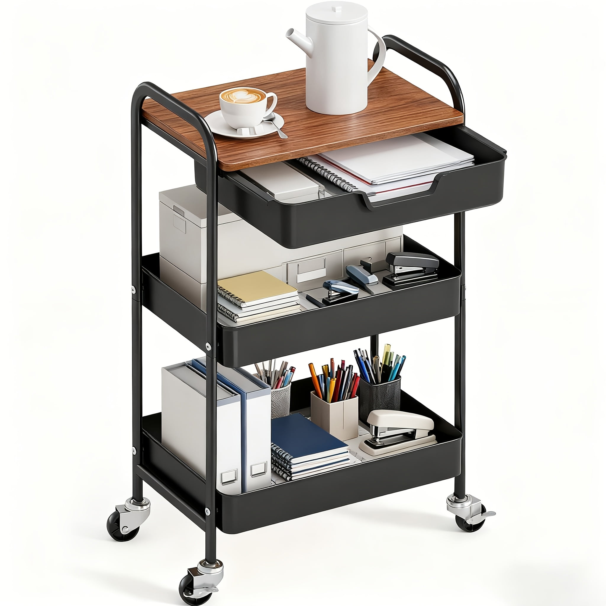 3-layer metal multi-functional trolley with drawers and wooden tabletop ...
