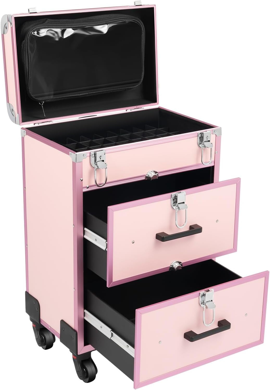 3 layers Aluminum Rolling Makeup Case, Travel Portable Beauty Luggage Trolley Lockable w/ 360 ...
