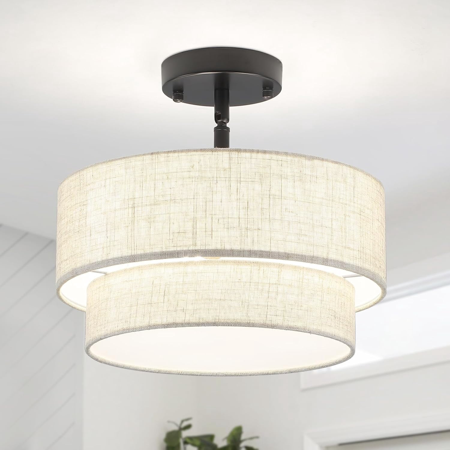 3-light semi-recessed ceiling light, 12.6-inch drum-shaped black ...