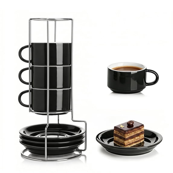 3 oz Ceramic Espresso Cups with Saucers & Metal Rack — Stackable ...