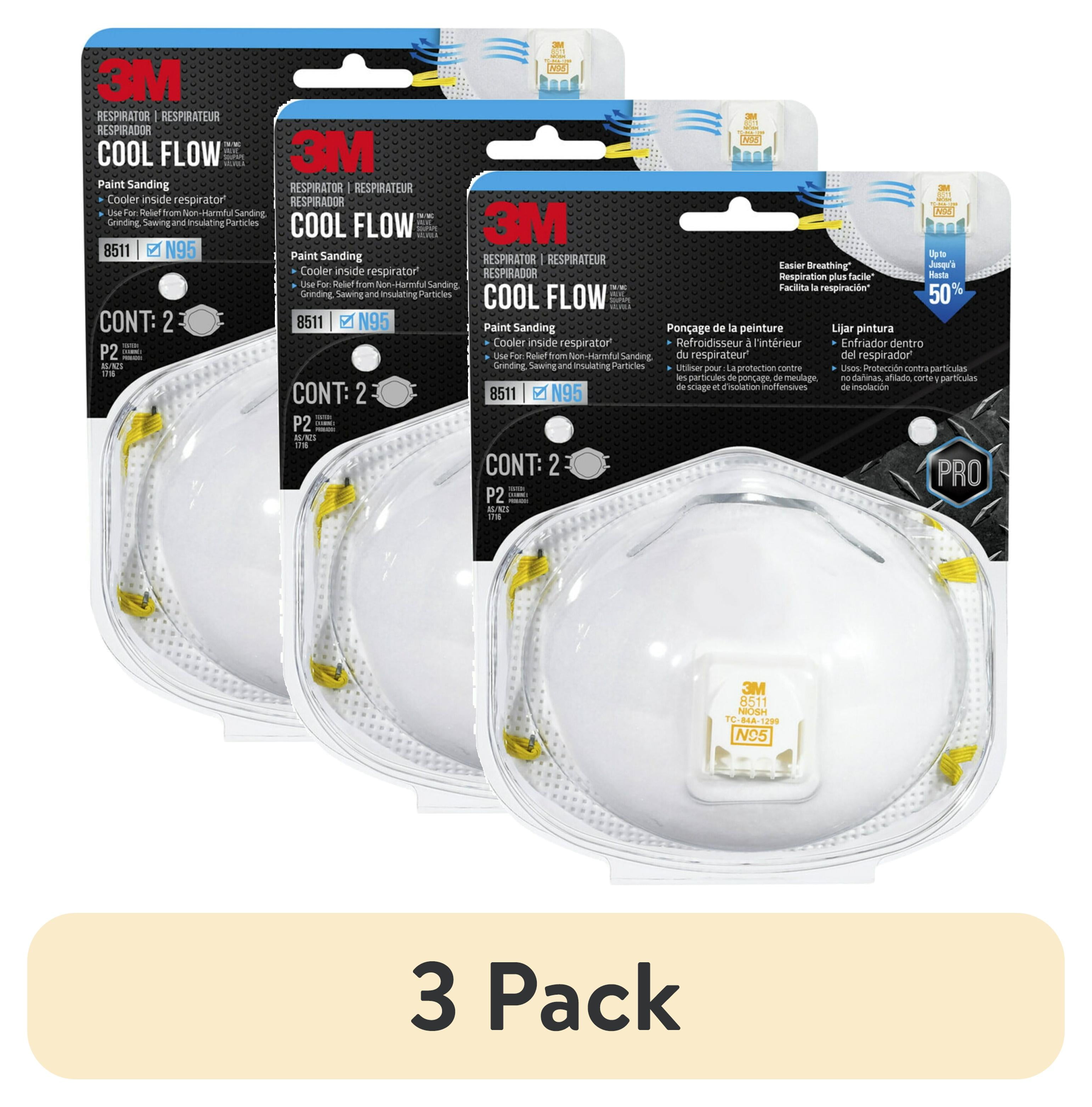 (3 pack) 3M Cool Flow™ Valve Respirator 8511, N95, 2 per Pack - Walmart.com