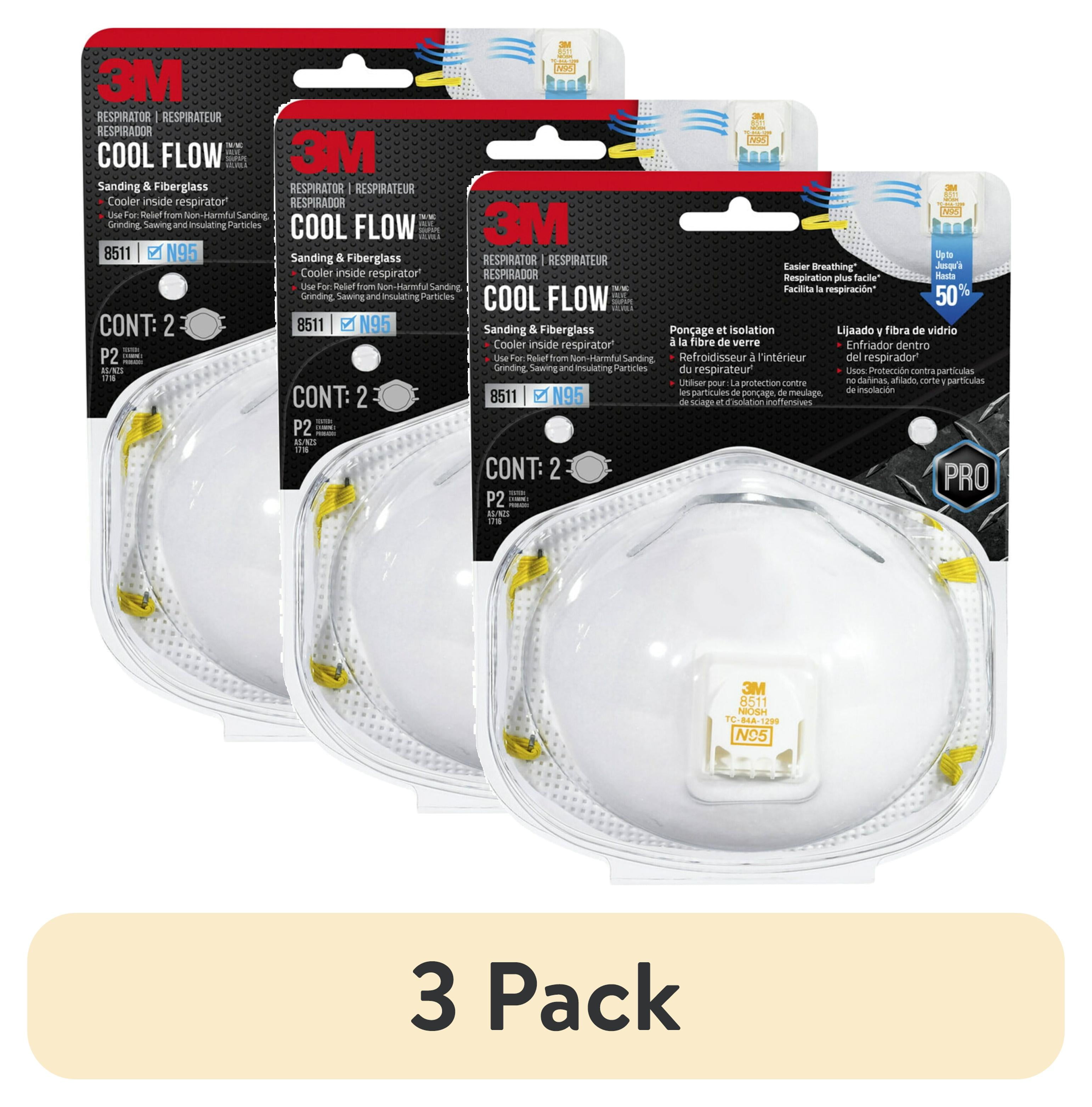 (3 pack) 3M N95 Respirator 8511, Cool Flow Valve, White, Stretchable, 2 ...
