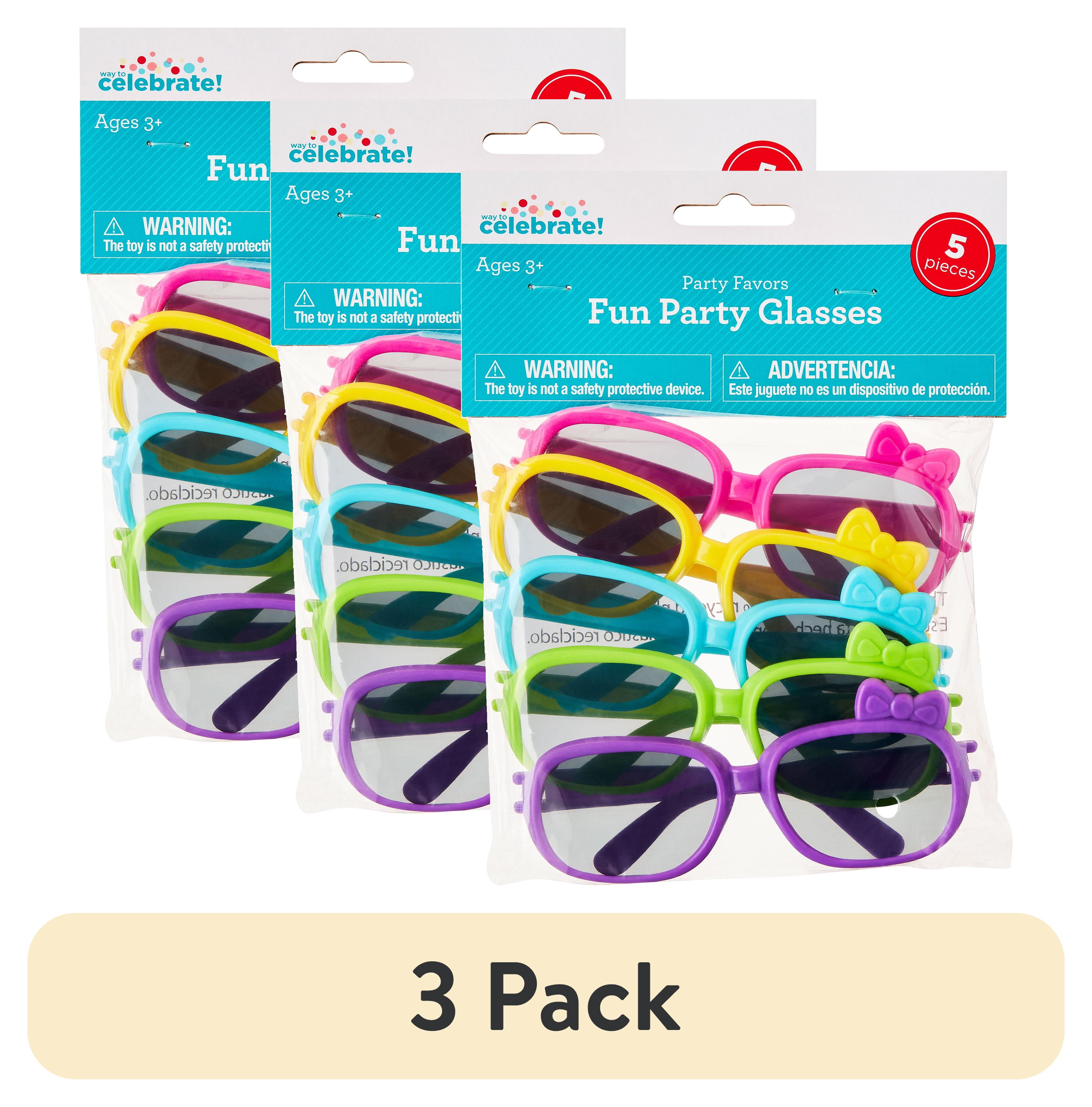 (3 pack) Multicolor Fun Bow Party Glasses, 5 Count, by Way To Celebrate ...