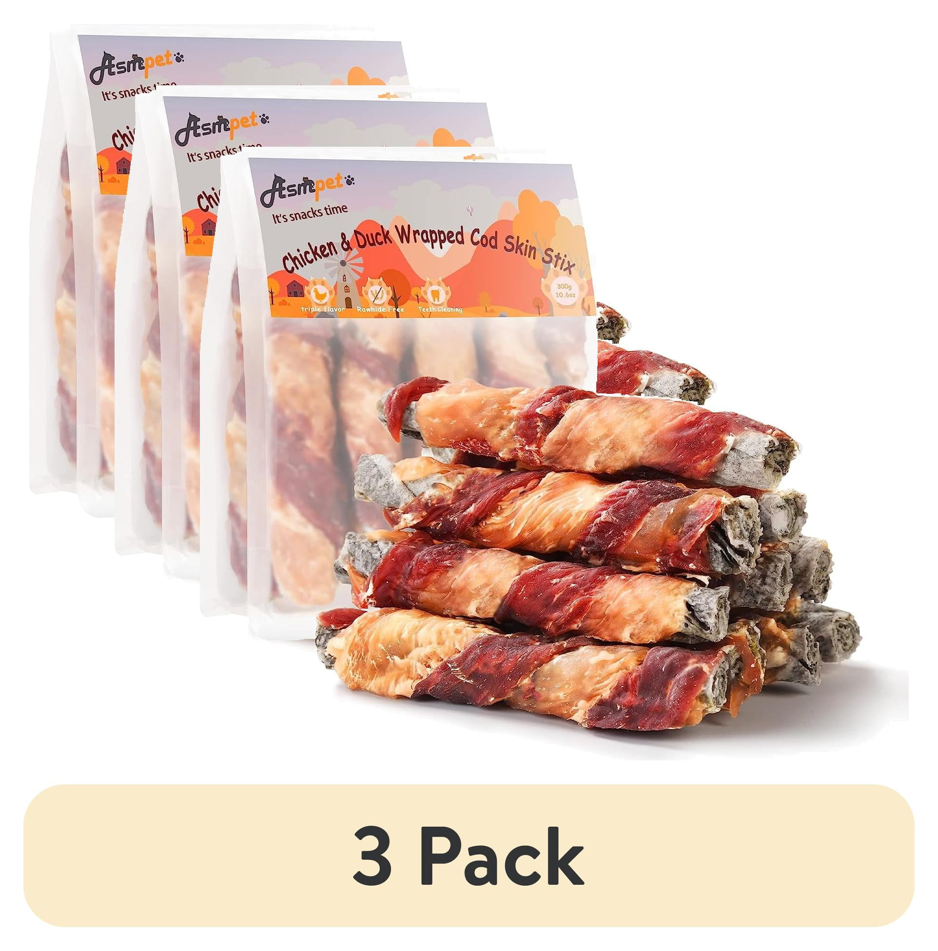 (3 pack) ASMPET Rawhide Free Dog Treats Chicken & Duck Wrapped Cod Skin ...