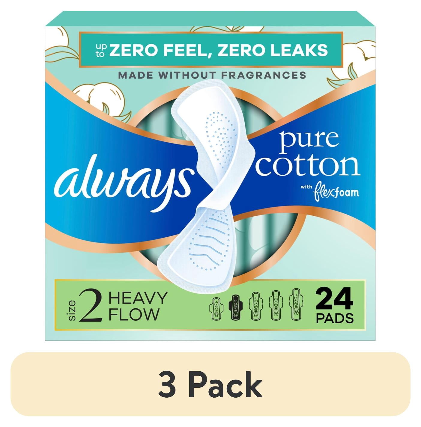 (3 pack) Always Pure Cotton Feminine Pads With WIngs, Size 2, Heavy ...