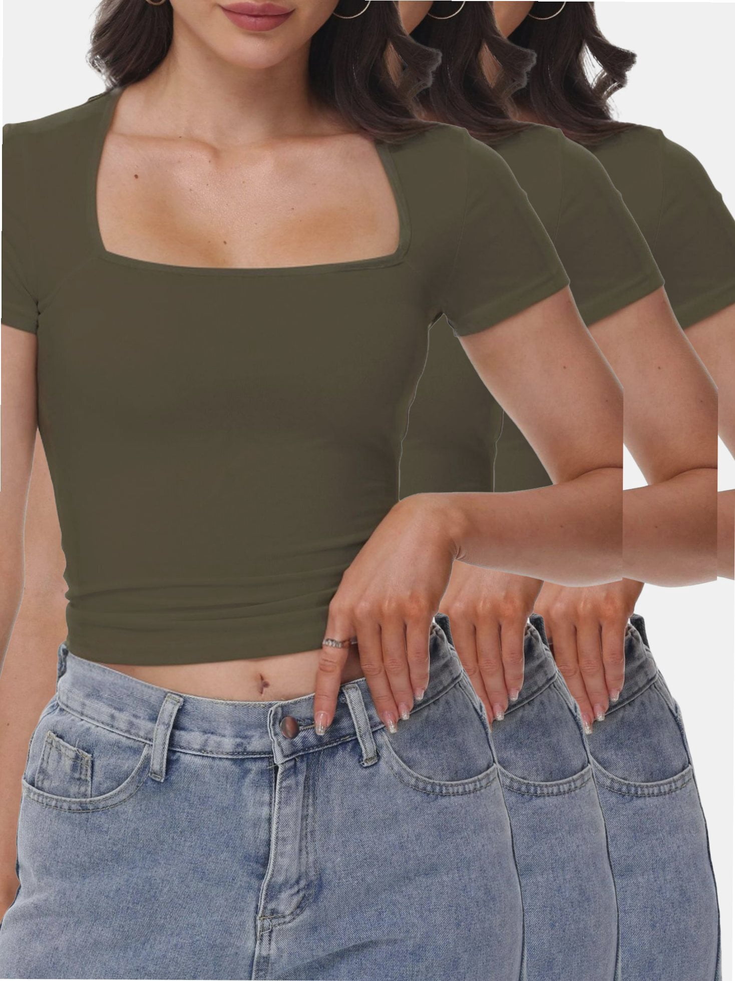 3-pack Army green Women's Square Neck Short Sleeve T Shirts Double ...