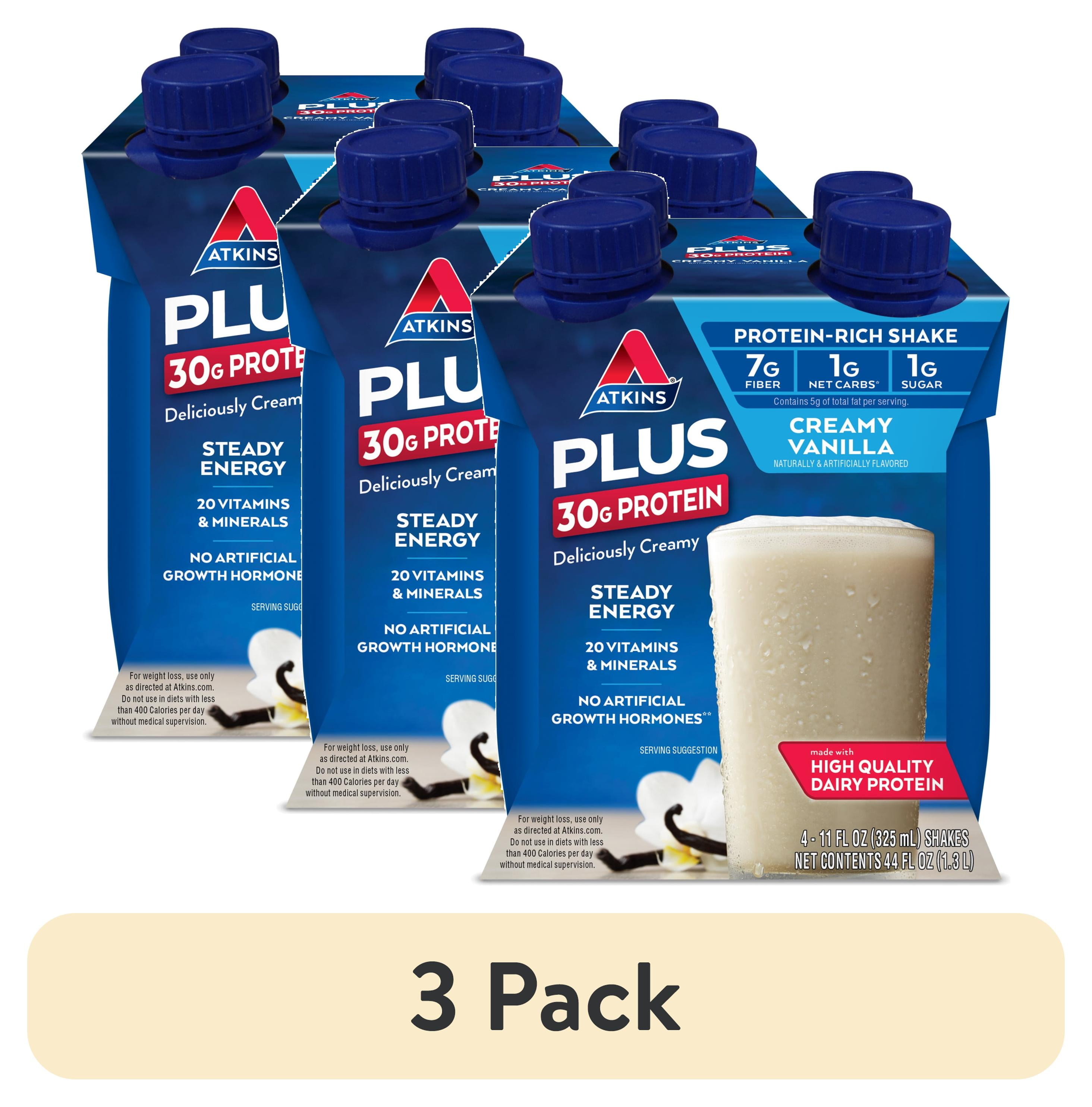 (3 pack) Atkins Creamy Vanilla PLUS Protein Shake, High Protein, Low ...