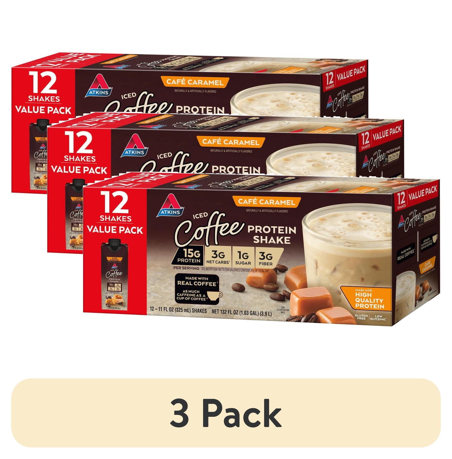 (3 pack) Atkins Café Caramel Iced Coffee Flavor High Protein Shake, 15g ...