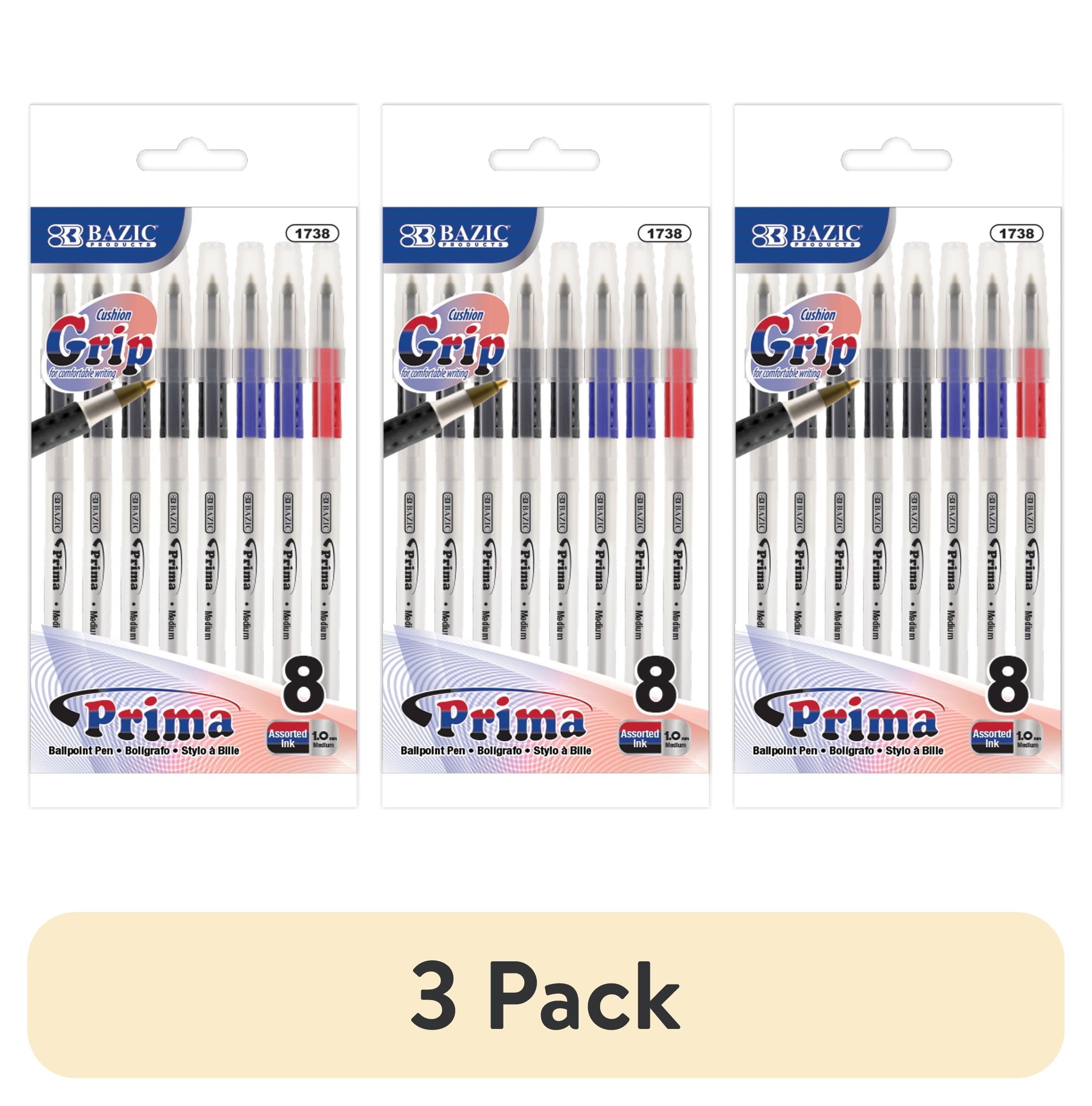 (3 pack) BAZIC Ballpoint Prima Black Blue Red Stick Pens, Soft Grip 1.0 ...