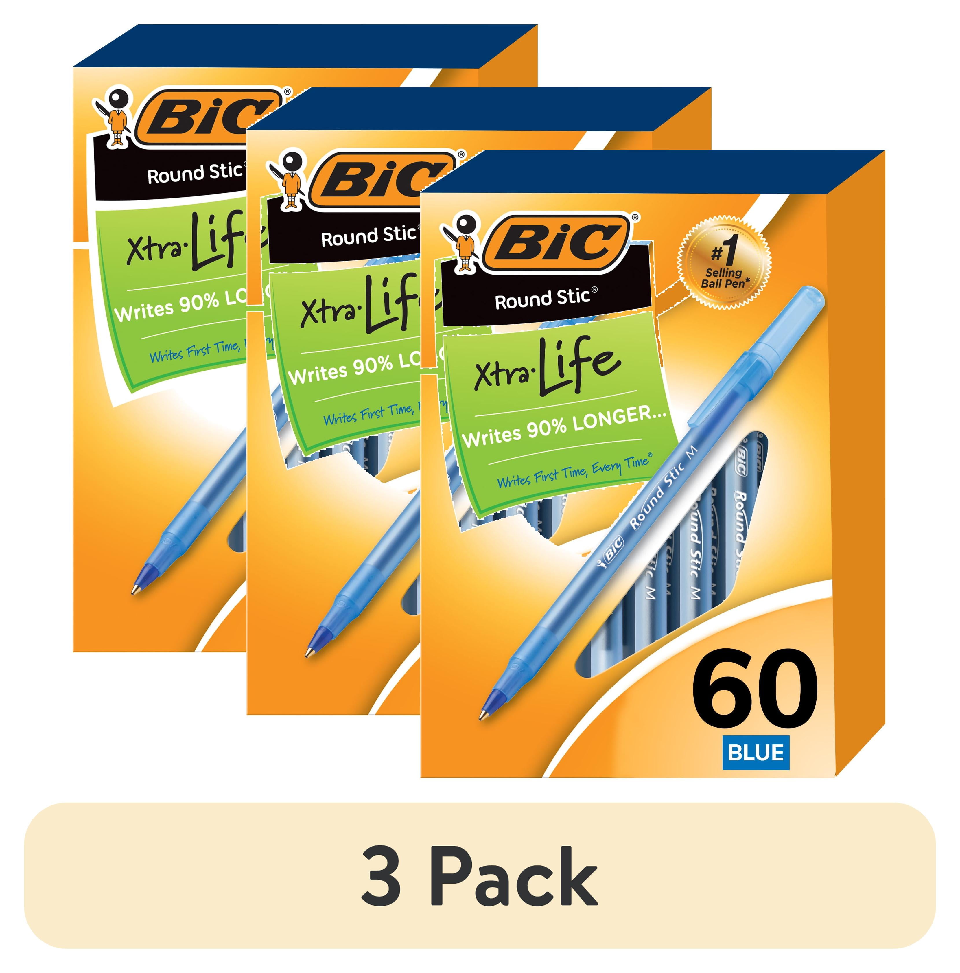 (3 pack) BIC Round Stic Xtra Life Ballpoint Pens, Medium Point, 1.0mm, Blue Ink, 60 Count ...