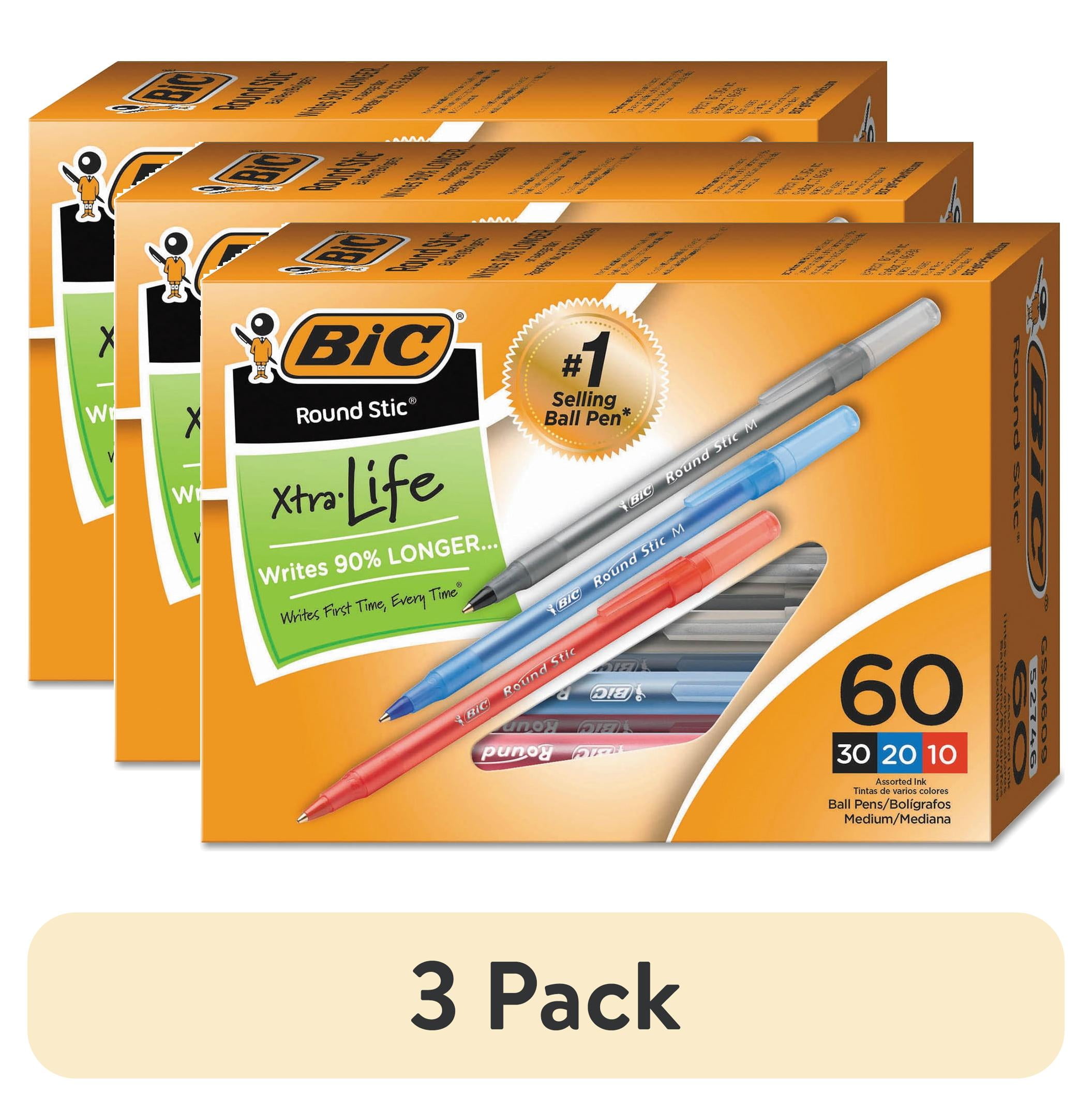 (3 pack) BIC Round Stic Xtra Life Ballpoint Pens, Medium Point, 1.0mm, Assorted Ink Colors, 60 ...