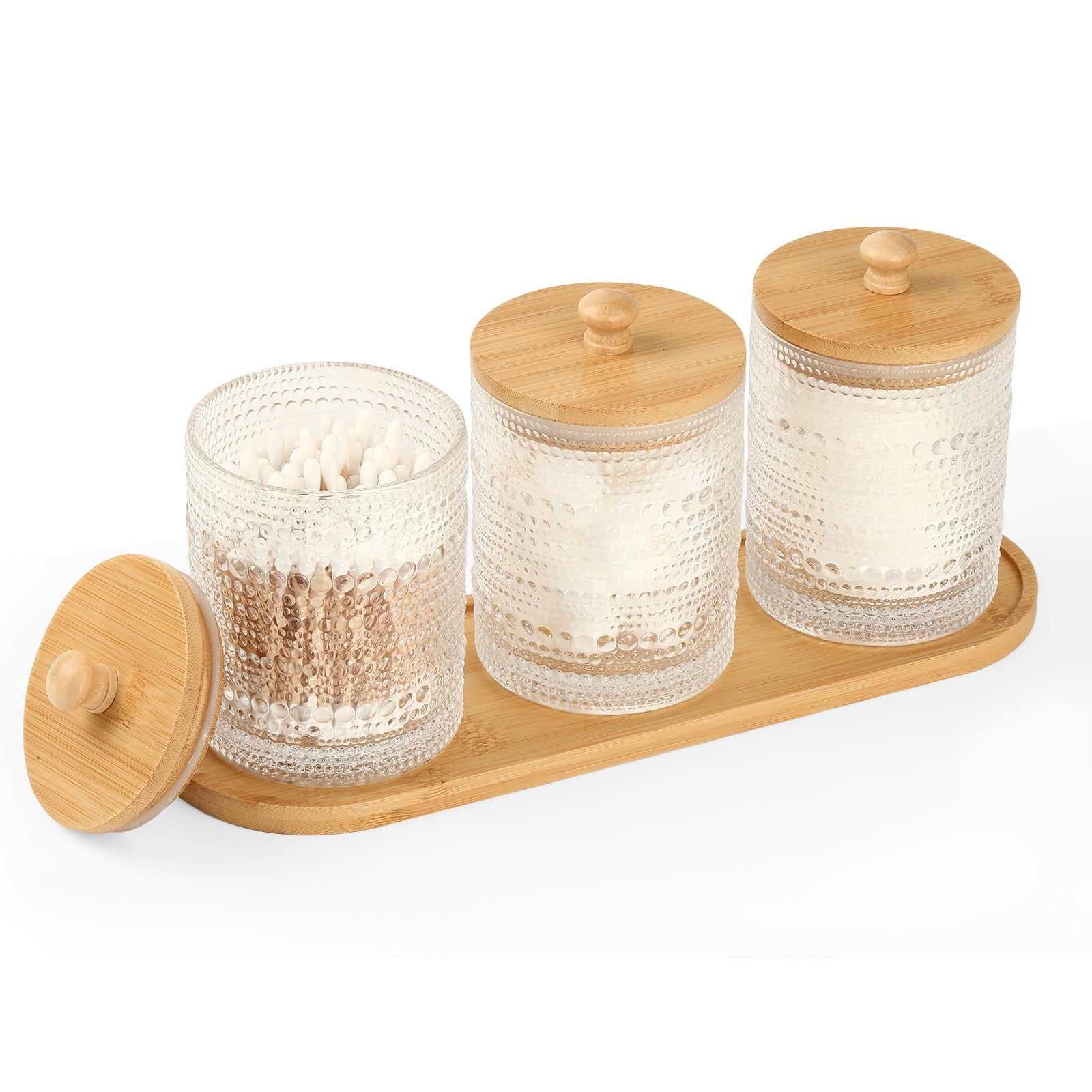 3 pack-Bamboo lid clear color with tray Glass Jar Bathroom Organizer ...