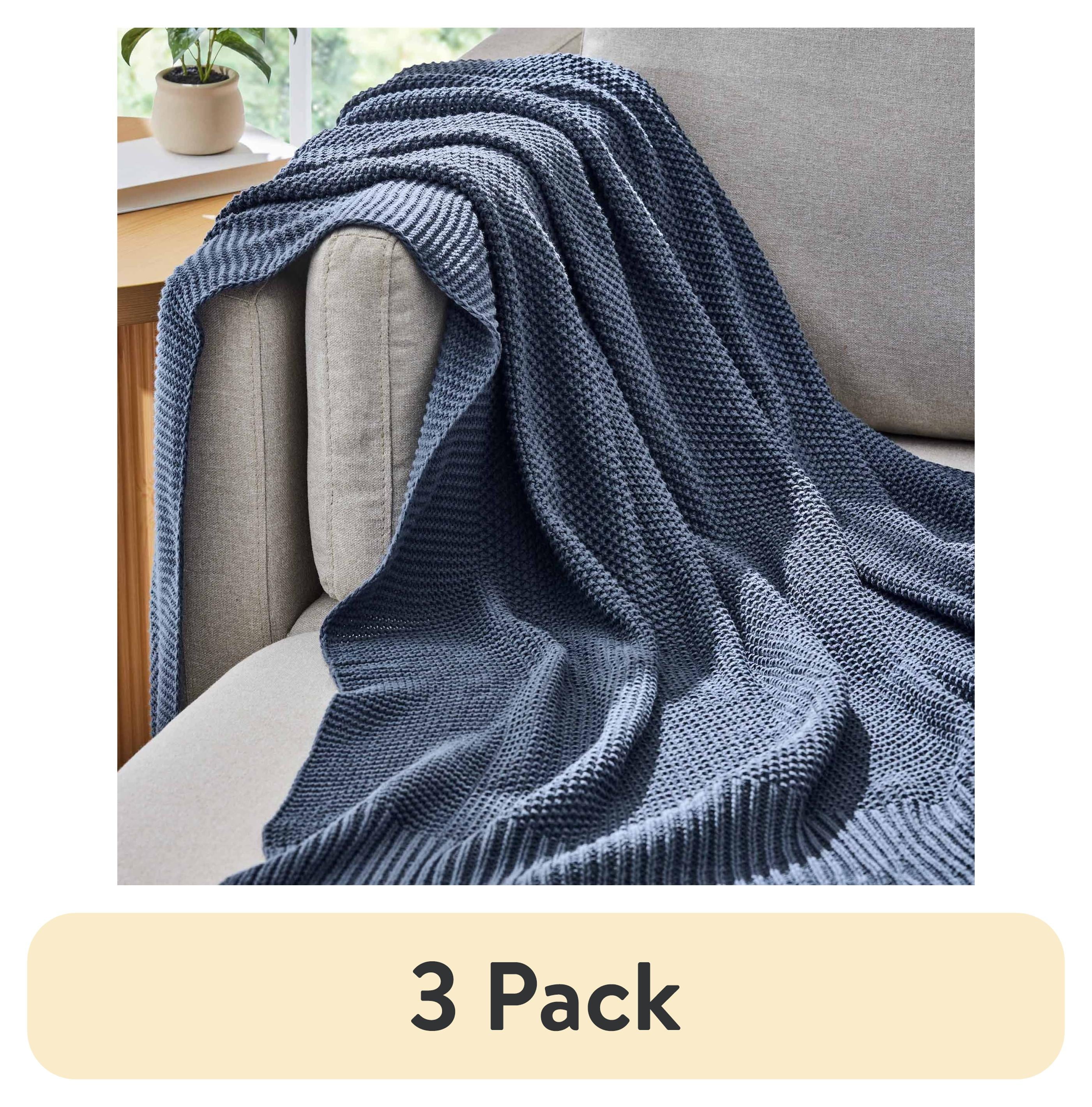 (3 pack) Better Homes and Gardens, Chunky Knit Indigo Throw, Cotton ...