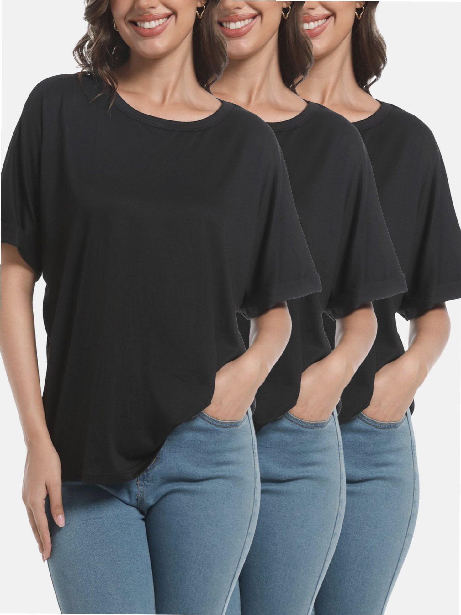 3-pack Black Women Oversized T-Shirt Loose Fit Workout Tops Short ...