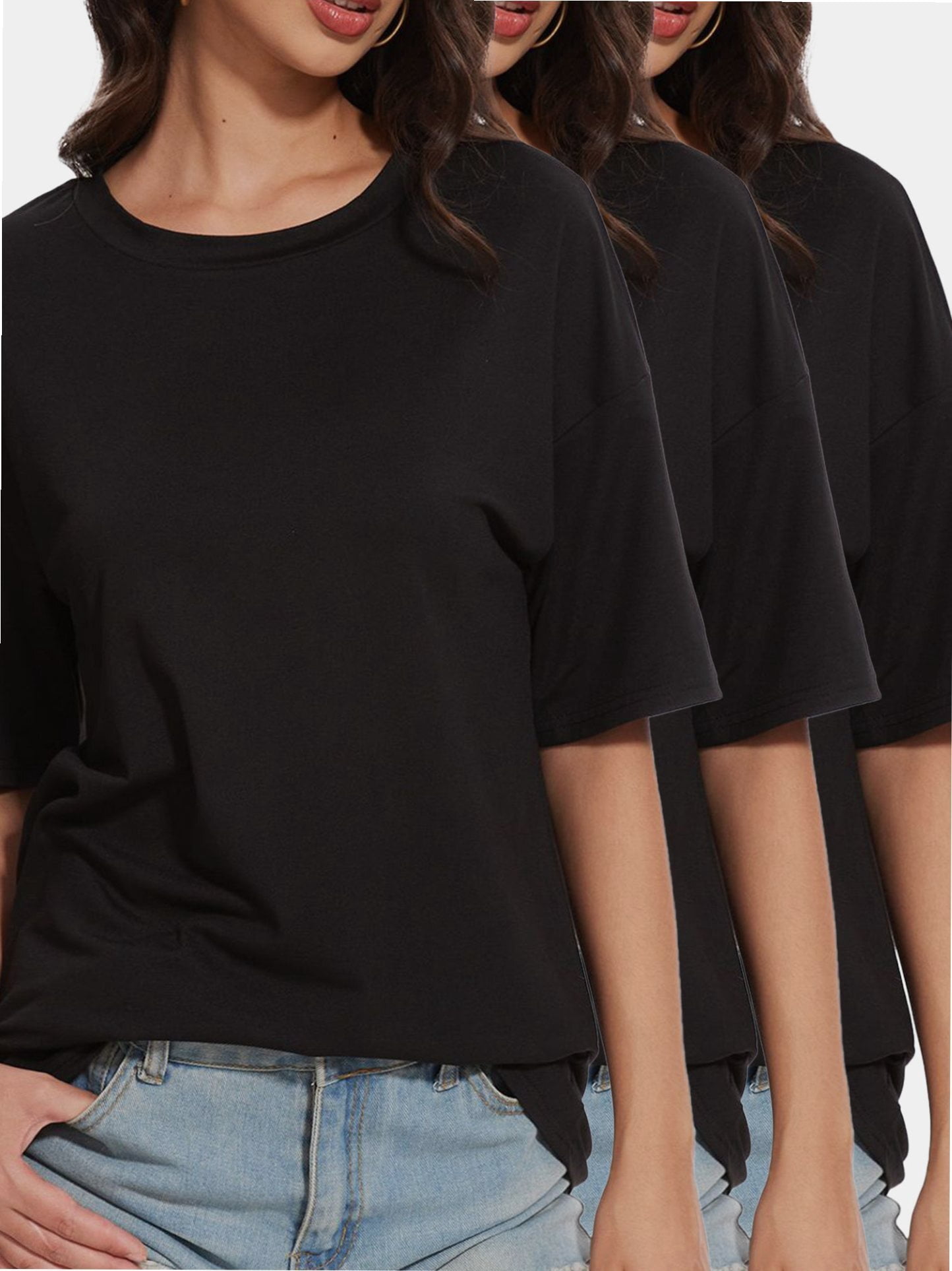 3-pack Black Women's Oversized T Shirts Tees Half Sleeve Crew Neck ...