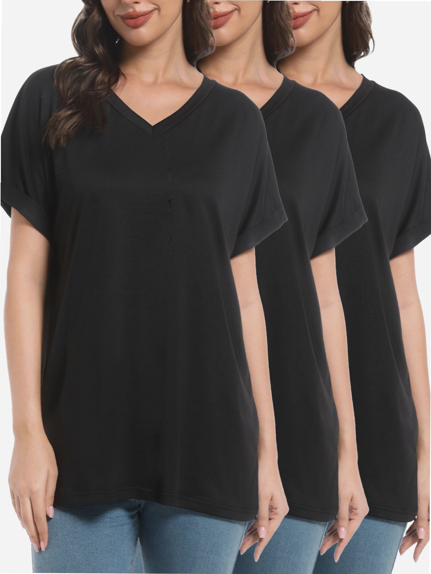 3-pack Black Women's Tshirts Casual V Neck Short Sleeve Loose Summer Tunic Tops - Walmart.com