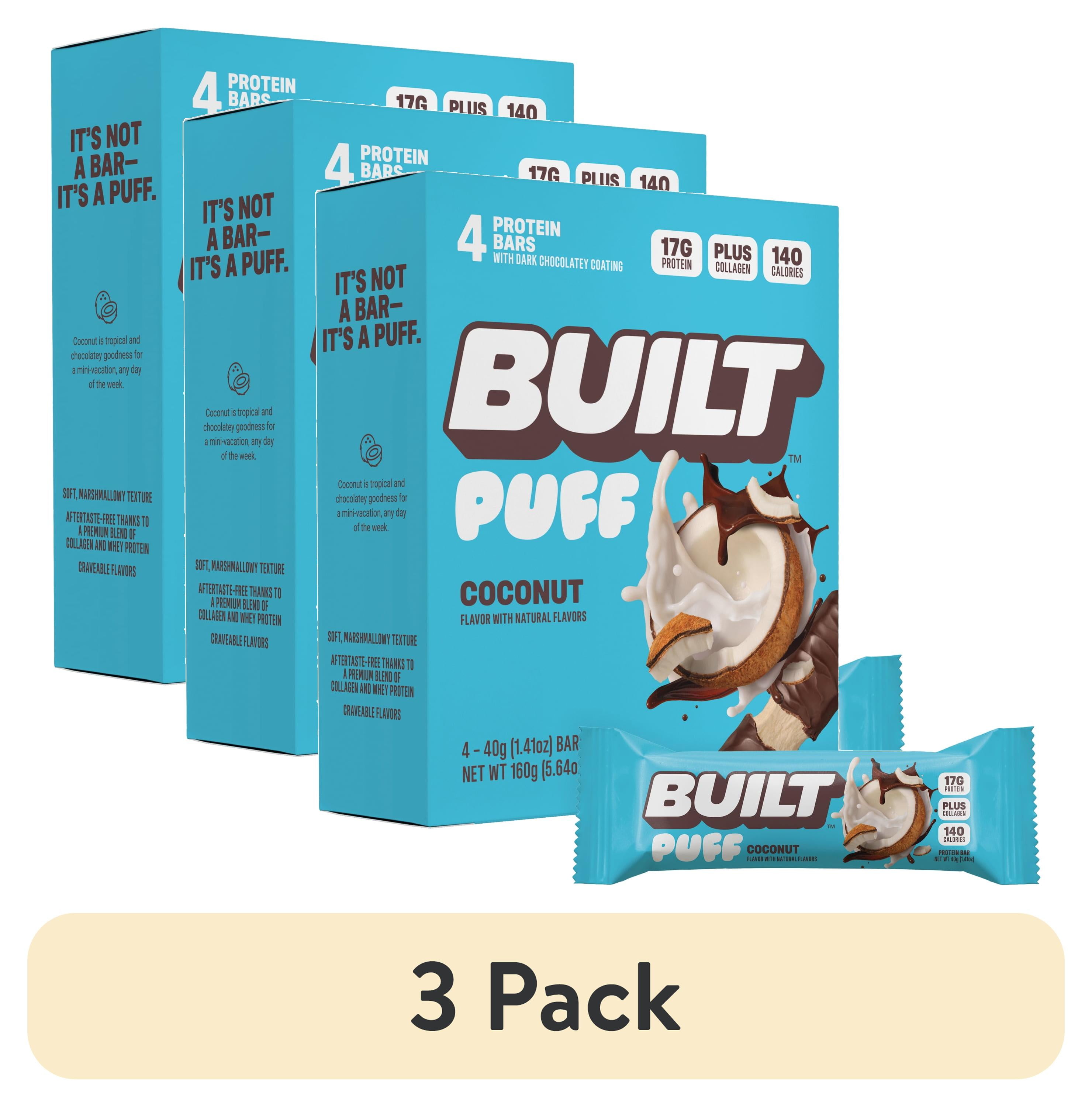 (3 pack) Built Puff Snack Bars, Coconut, 17g Protein, Collagen, 140 ...