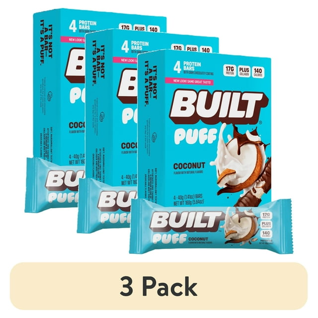 (3 pack) Built Bar Protein Bar, Coconut Puff, 17g Protein, Collagen ...