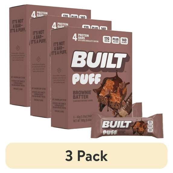 (3 pack) BUILT Puff Protein Snack Bar, Brownie Batter, 17g Protein, Collagen, 140 Calories, 4 ...
