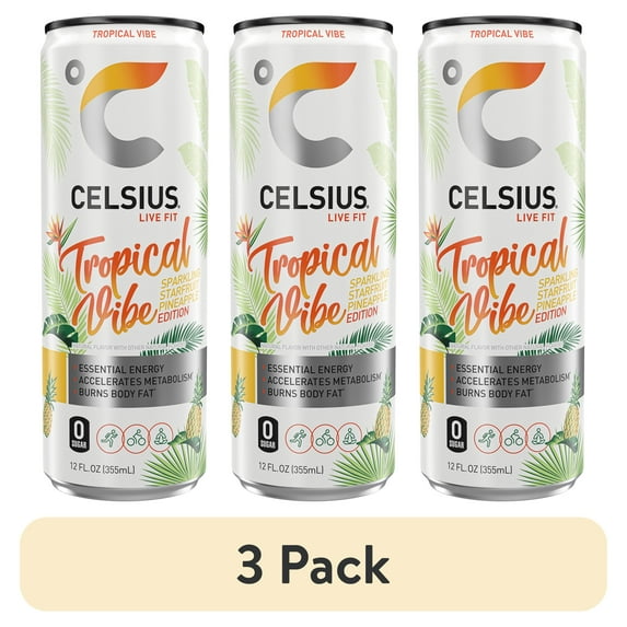 (3 pack) CELSIUS Sparkling Tropical Vibe, Functional Energy Drink 12 fl oz Single Can - Walmart.com