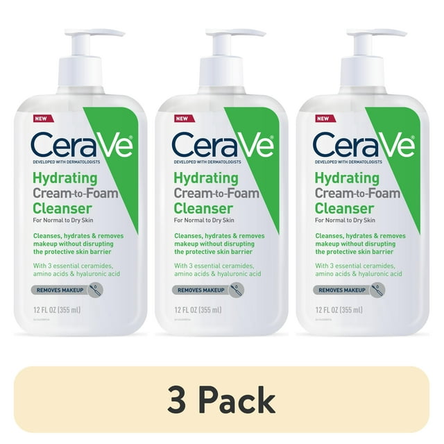 (3 pack) CeraVe Hydrating Cream-to-Foam Cleanser, Makeup Remover and ...