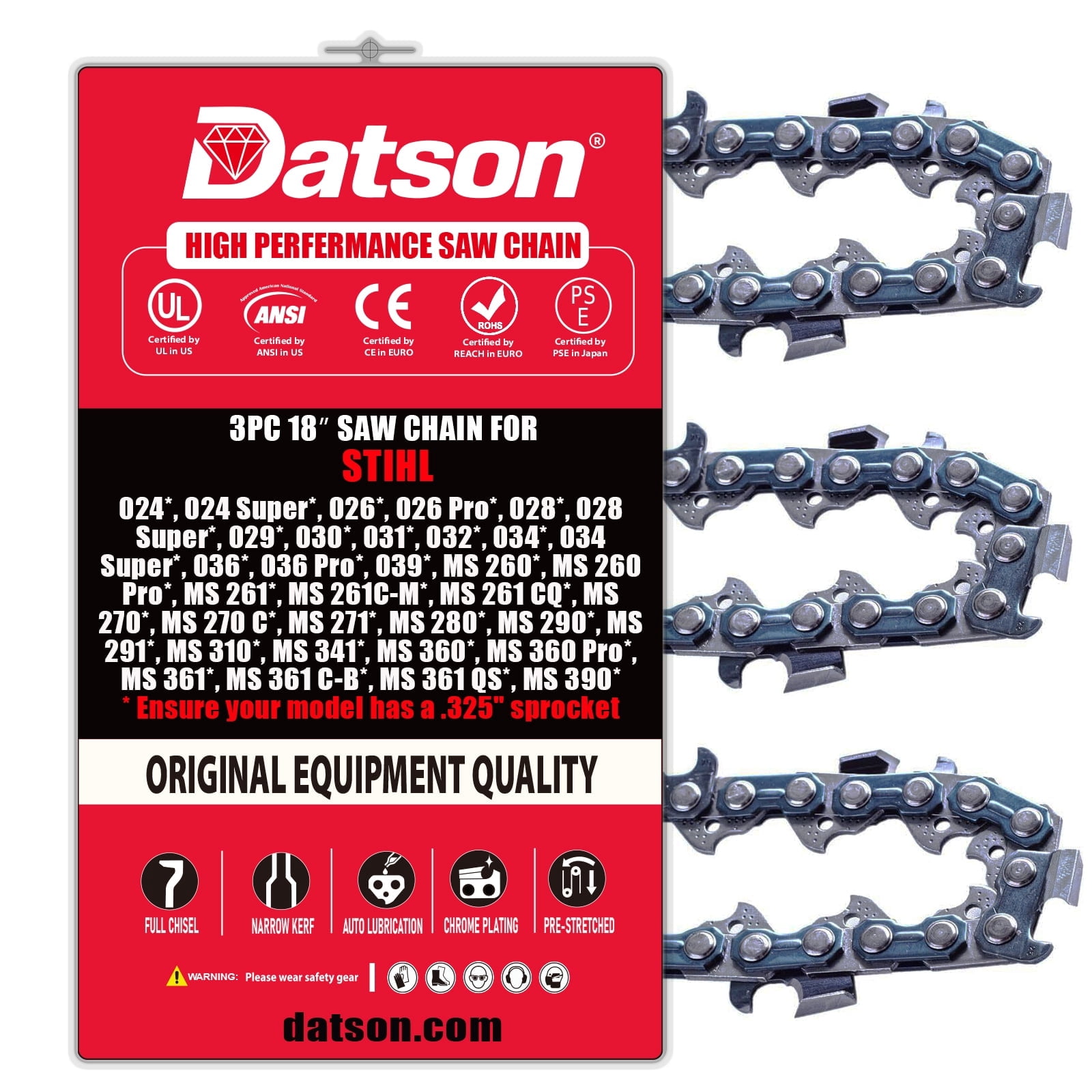 3-pack Chainsaw Chain 18 Inch, .325" Pitch .063" Gauge 74 Drive Links ...