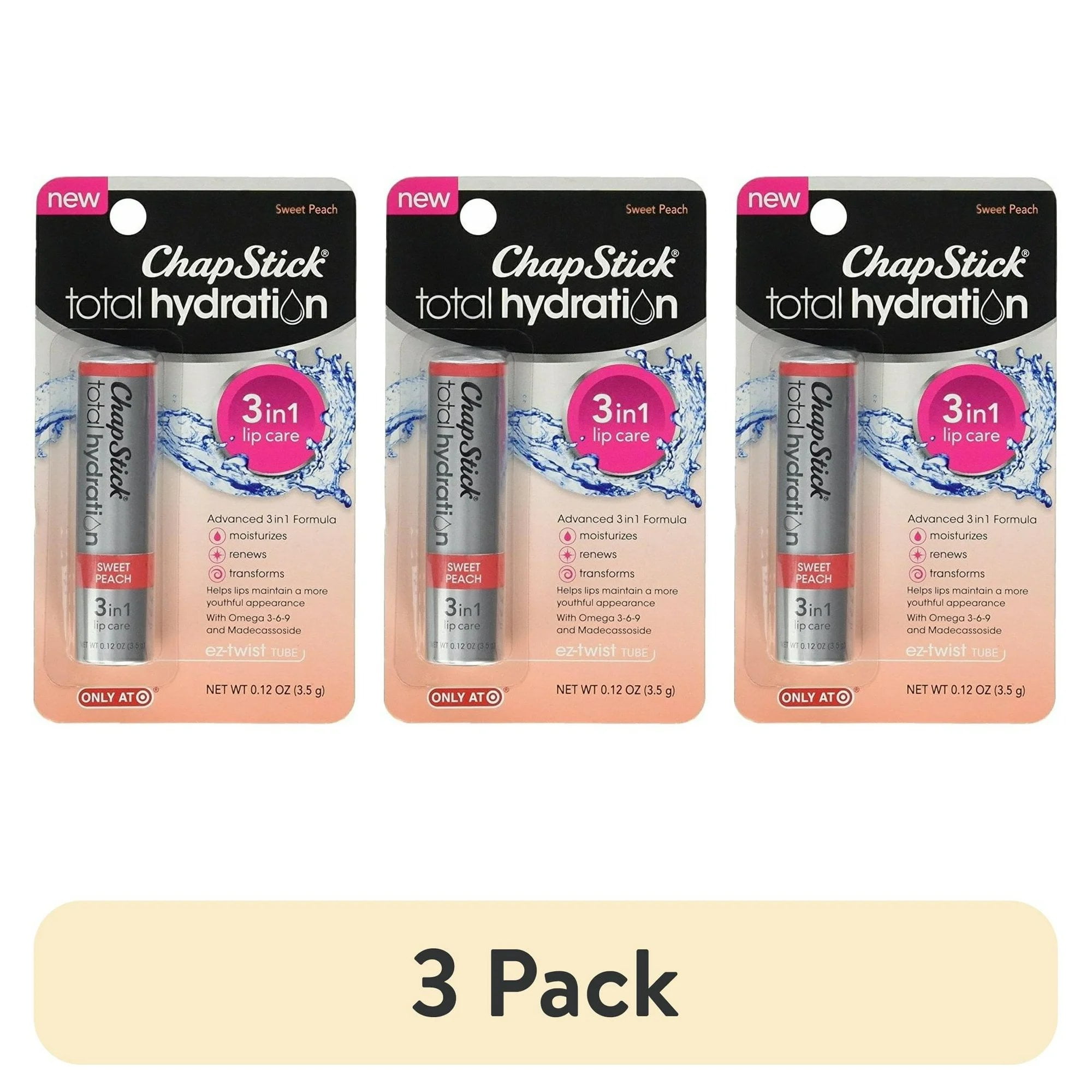 (3 pack) ChapStick® Total Hydration Sweet Peach 3-in-1 Lip Care 0.12 oz ...