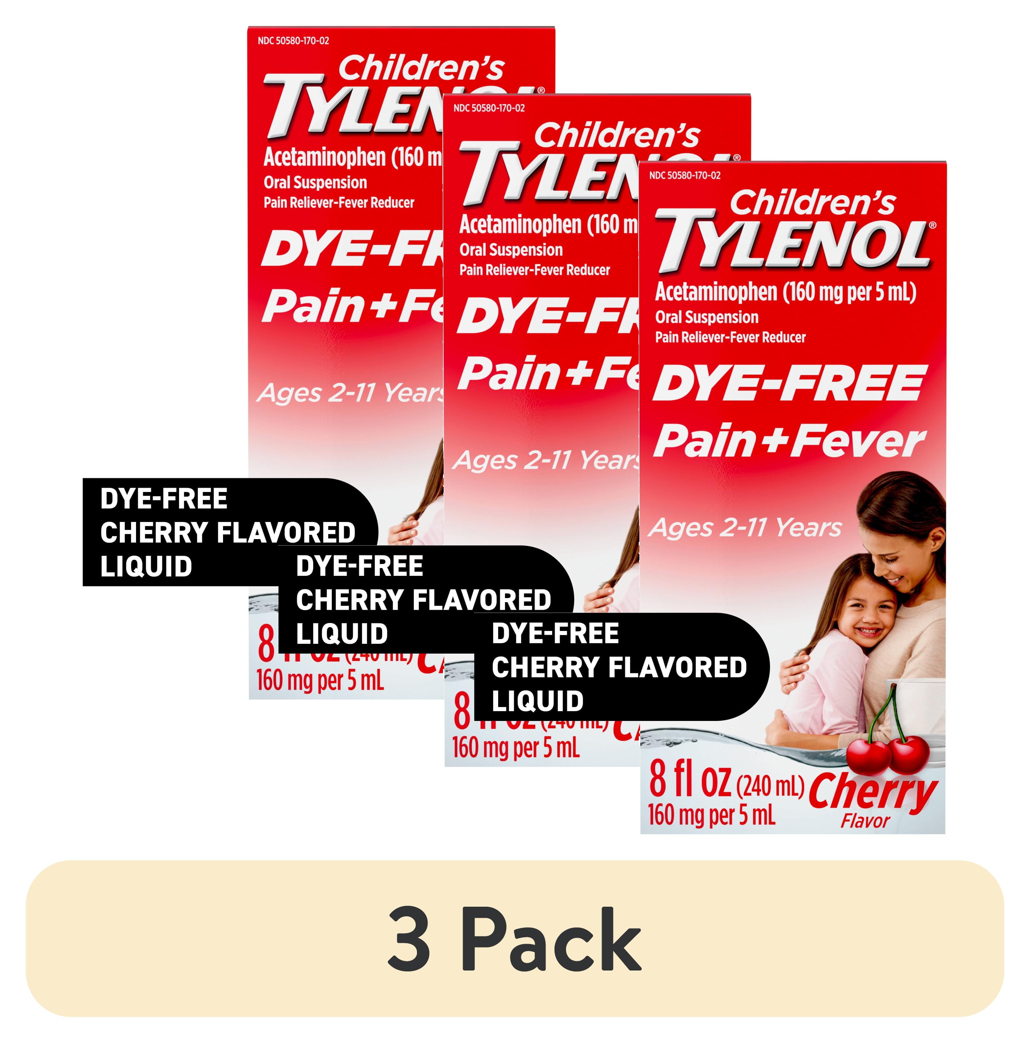 (3 pack) Children's Tylenol Pain + Fever Medicine, Dye-Free, Cherry, 8 ...