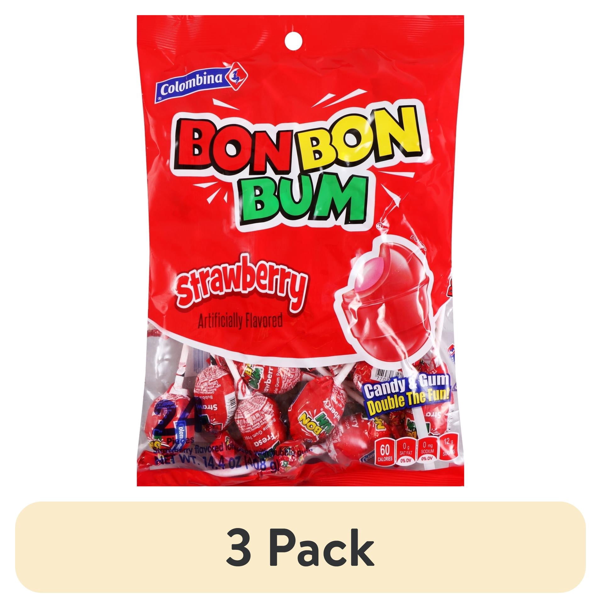 (3 pack) Colombina Bon Bon Bum Strawberry Bubble Gum Lollipops, 24 ...