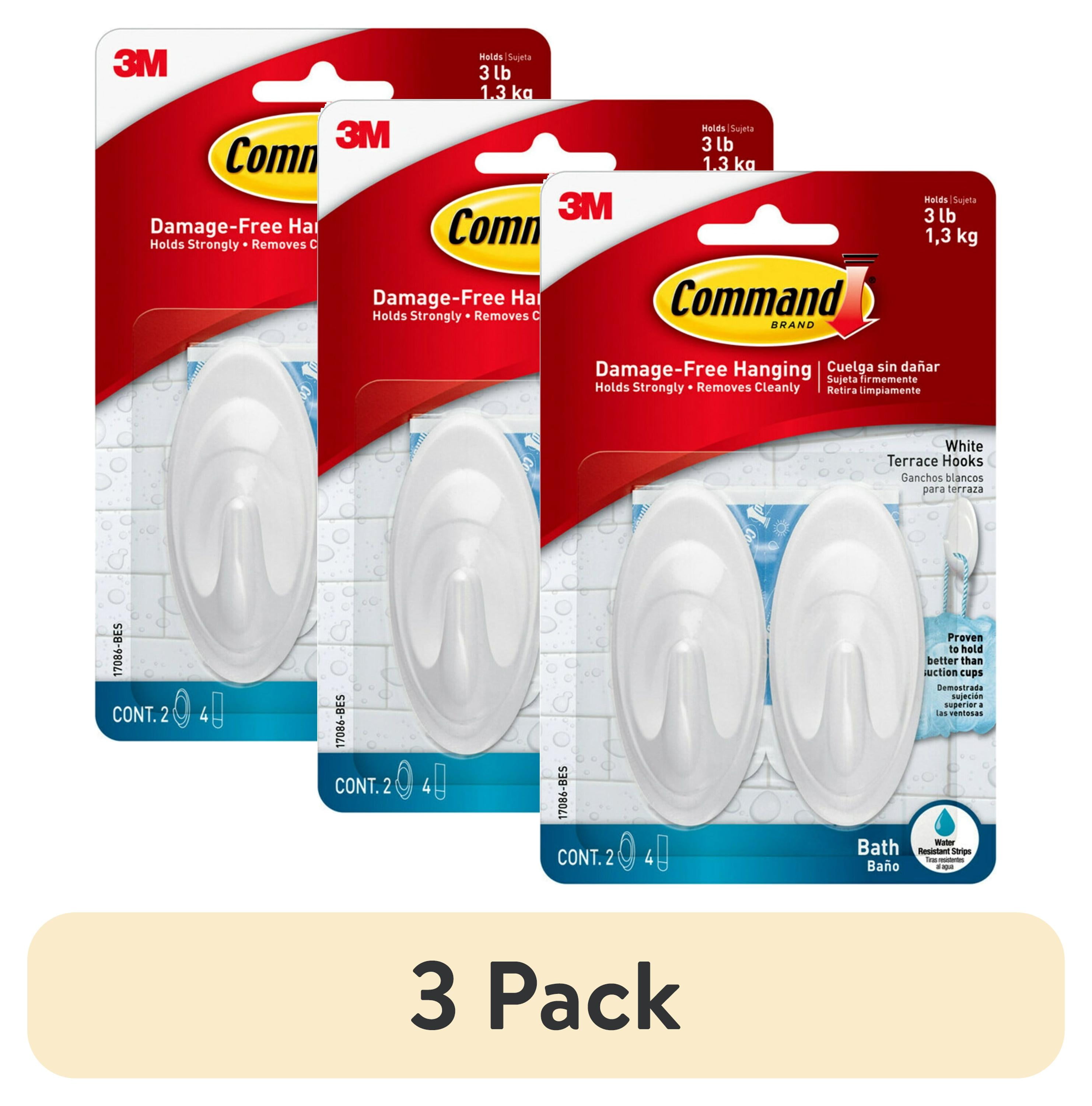 (3 pack) Command Bath Terrace Hooks, Quartz, 2 Wall Hooks, 4 Water Resistant Strips, Bathroom ...