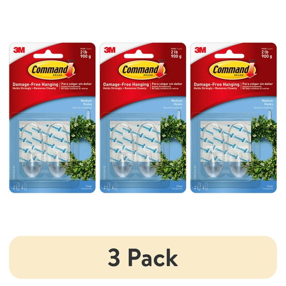 (3 pack) Command Medium Wall Hooks, Clear, Damage Free Hanging of ...