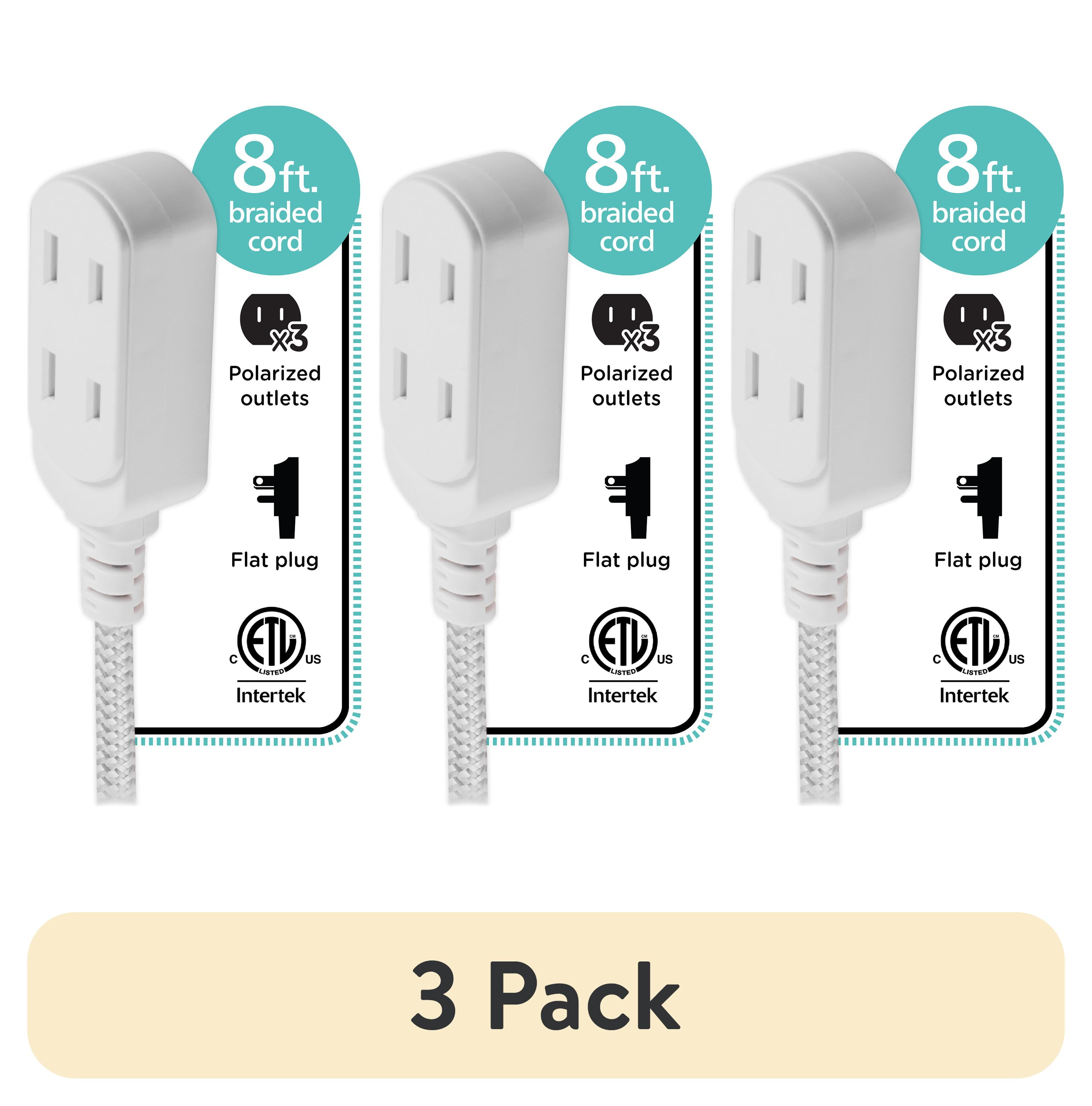 (3 pack) Cordinate Designer Extension Cord, 3-Outlet, White, 8 ft ...