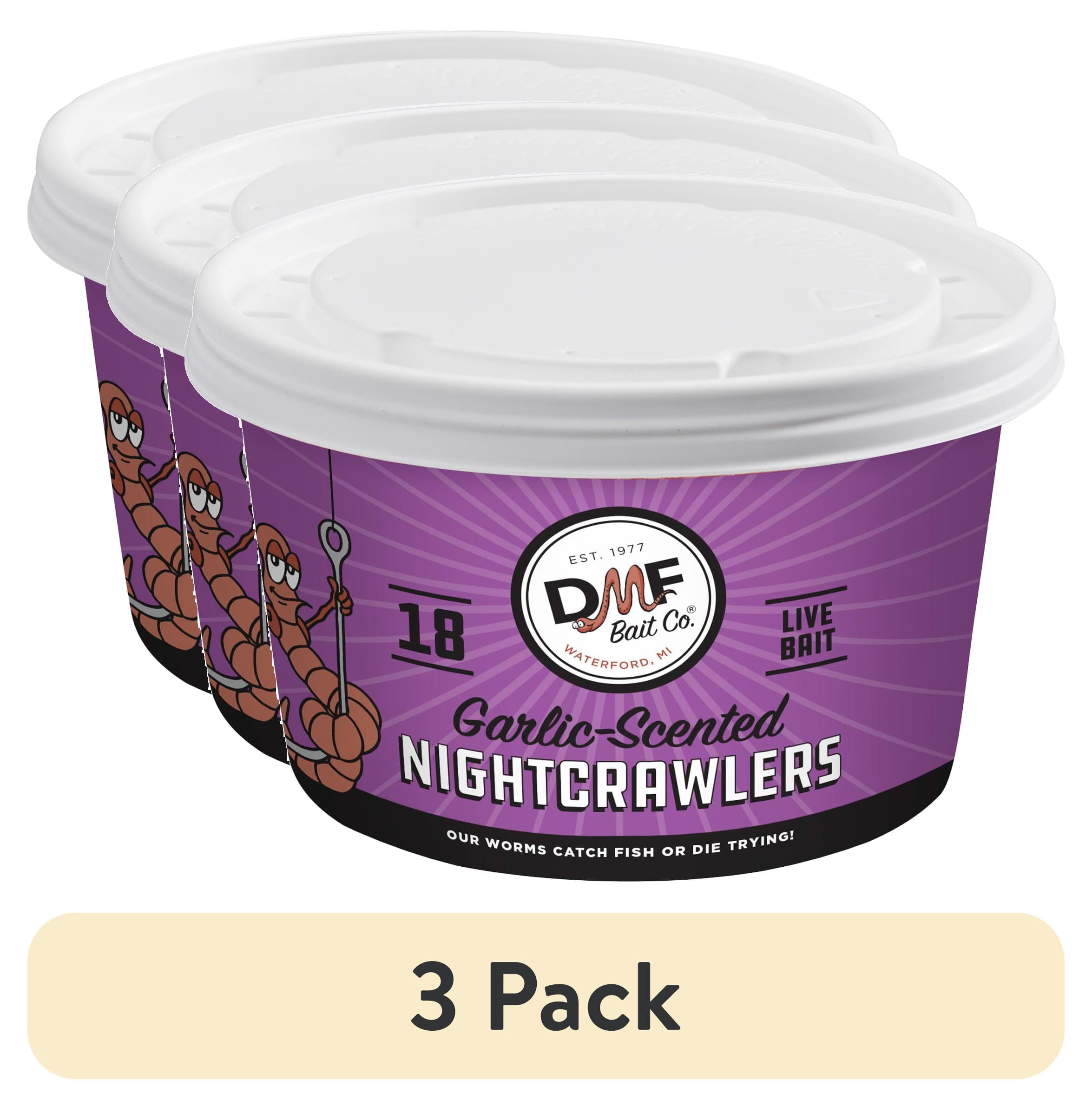 (3 pack) DMF Bait Co. 18 Garlic Canadian Nightcrawlers, Fishing Live ...