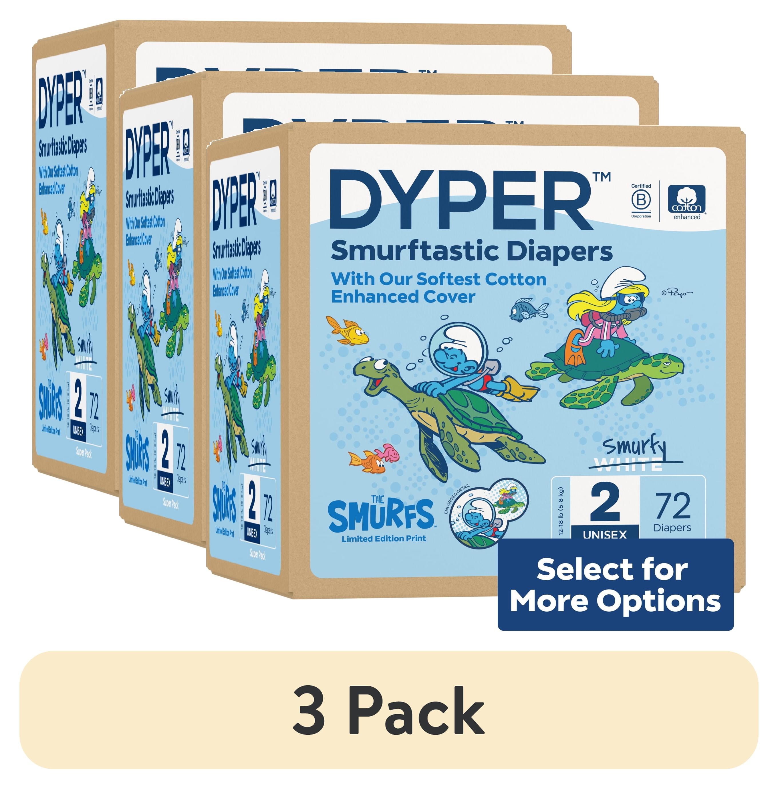 (3 pack) DYPER Cotton-Enhanced Diapers Smurfs Edition, Size 2, 72 Count ...